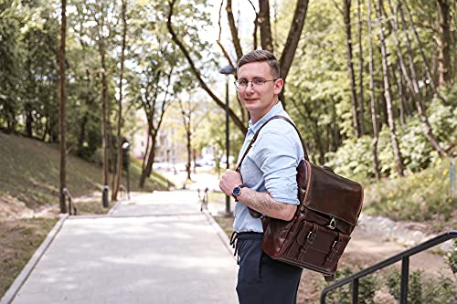 Time Resistance Leather Backpack up to 15in Laptop Brown Travel Bag