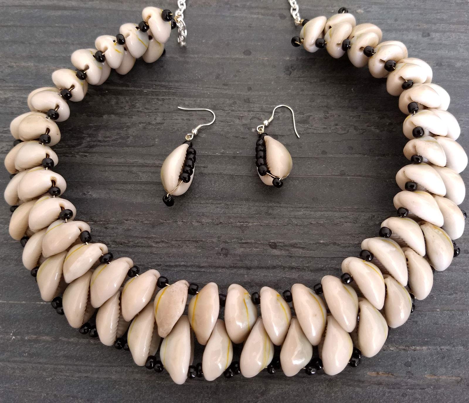 Unique Collar Choker Bib Egyptian African Beaded Natural Cowrie shells on Geman Silver Wire embellished with black glass beads | Boho Gypsy Cleopatra Afghan Kuchi Tribal Belly Dance Necklace Earrings