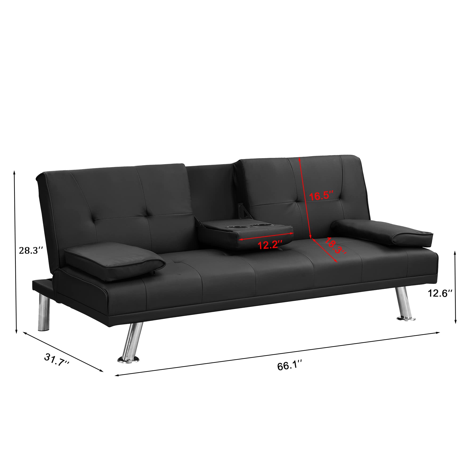 PU Leather Futon Sofa Bed Convertible Upholstered Modern Sofa Sleeper Couch with Detachable Armrests 2 Cup Holders Stainless Steel Legs Black, Suitable for Compact Living Spaces, Apartments