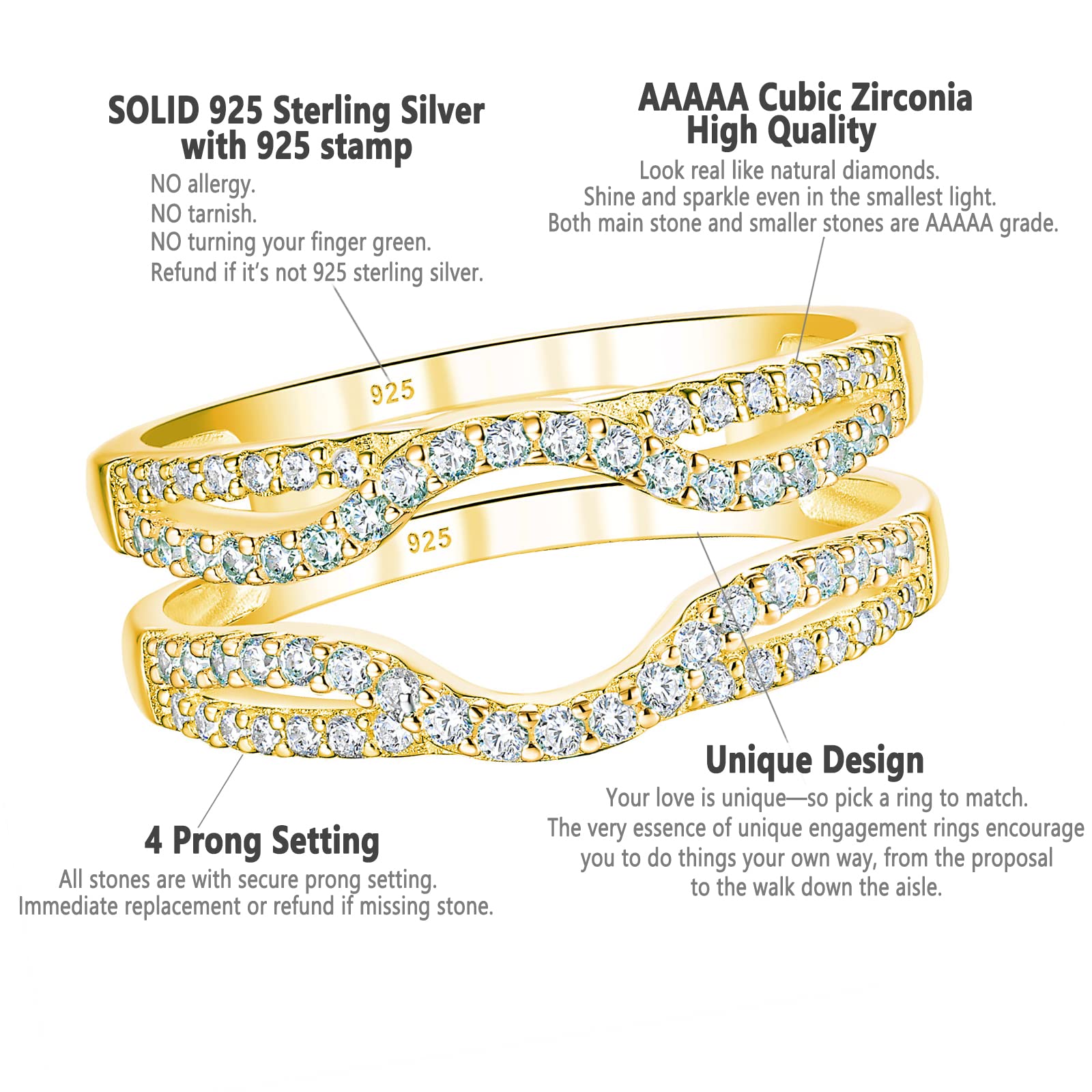SHELOVES Womens Sterling Silver Yellow Gold Ring Enhancers Round White AAAAA CZ Infinity Guard Ring Sz 7