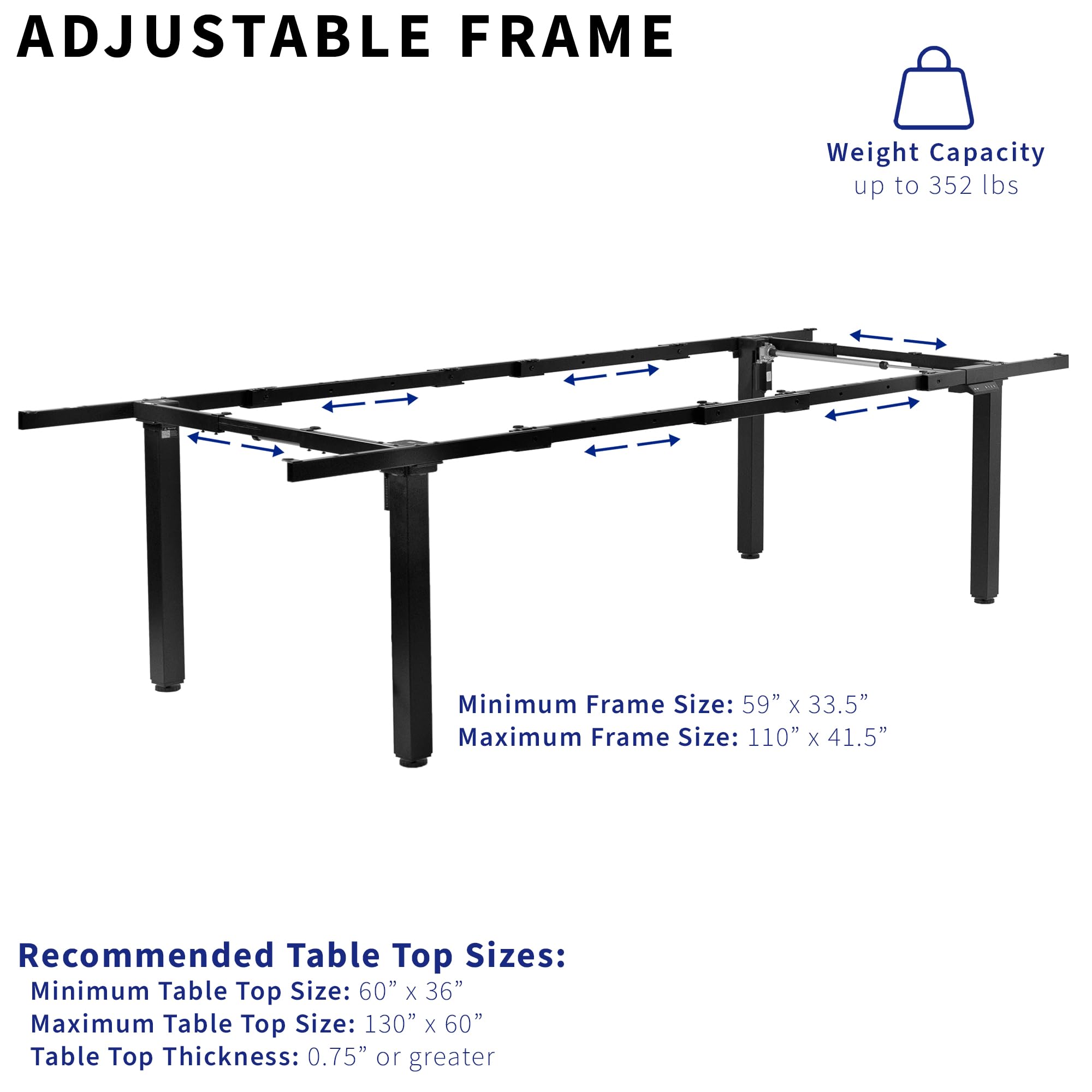 VIVO 4-Leg Dual Motor Electric Stand Up Desk Frame for Height Adjustable Workstation, Frame Only, Memory Control, Holds Extra Large Table Tops up to 130 x 60 inches and 352 lbs, Black, DESK-E-400B