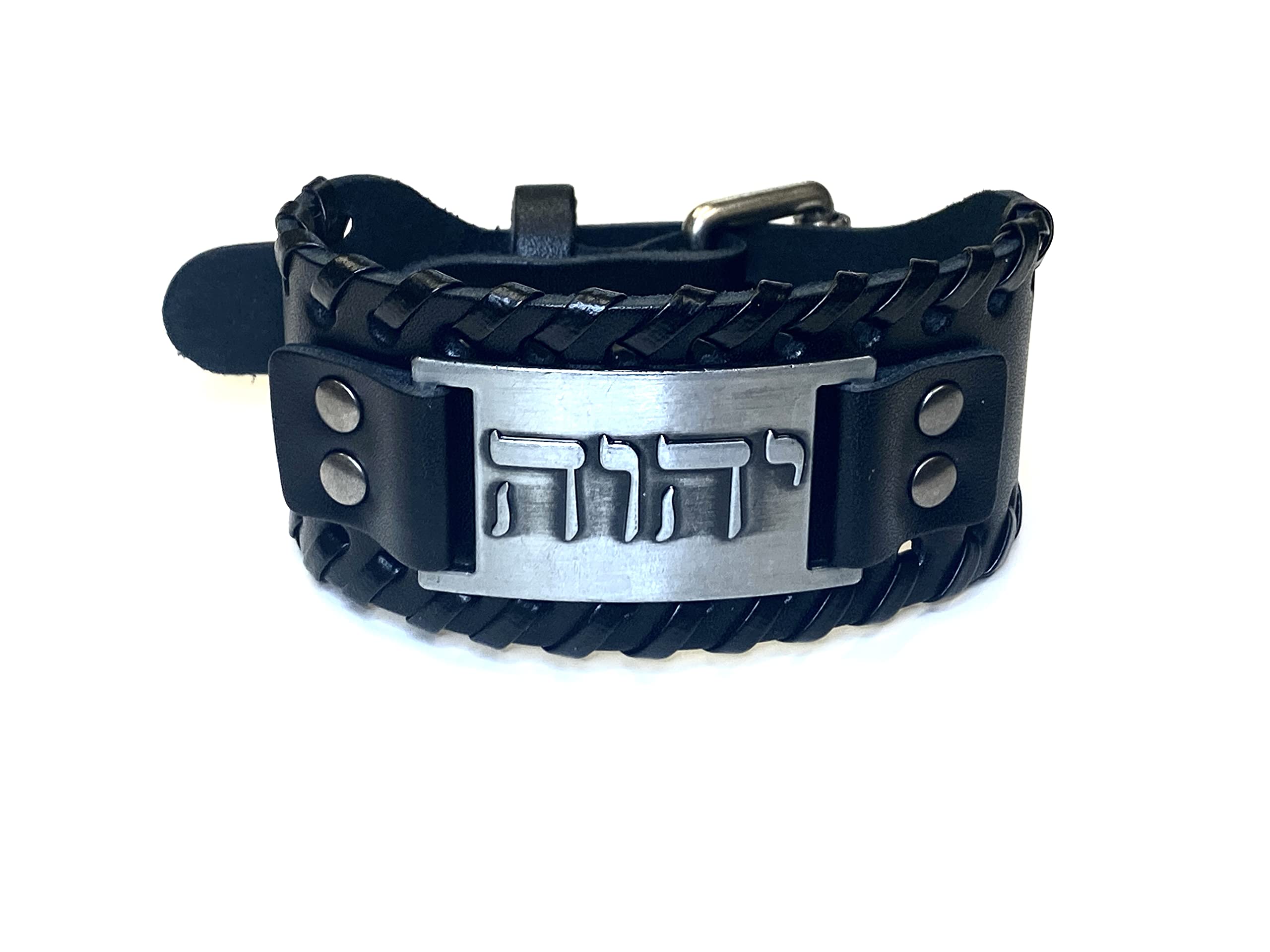 YHWH Bracelet Modern Hebrew Black leather with metal piece produced by me, adjustable