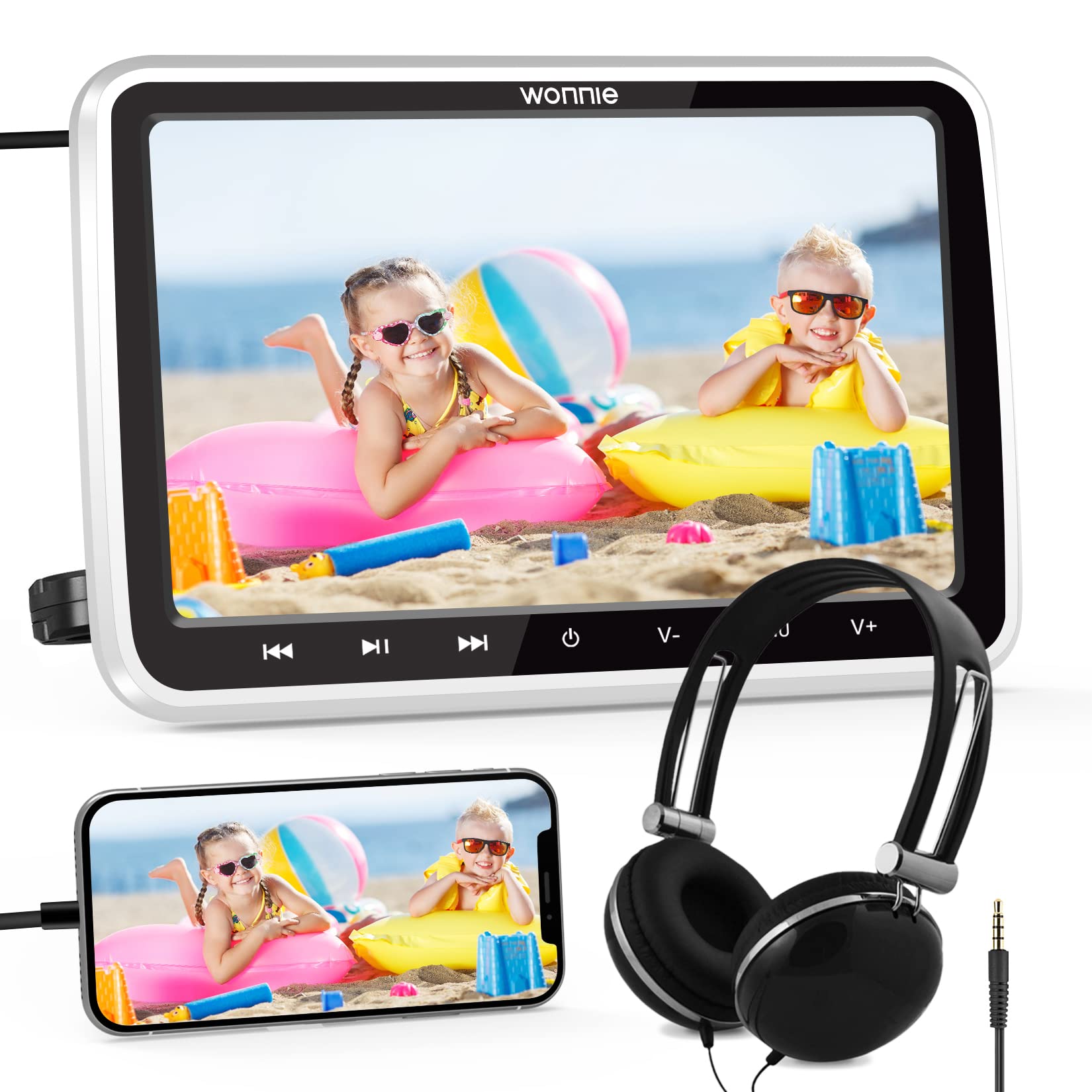 WONNIE 10.5" Car DVD Player with Headrest Mount Headphone, Support HDMI Input, 1080P Video, USB/SD, Regions Free, AV in/Out, Last Memory Function