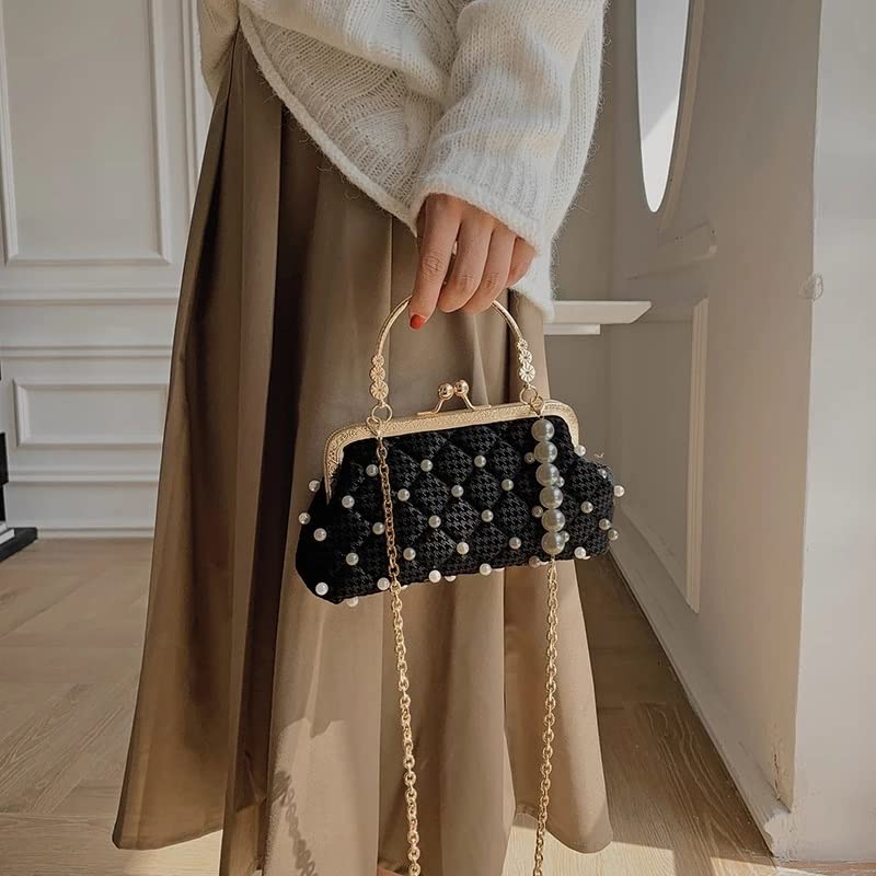 ZHUHW Evening Bag Women Pearl Chain Shoulder Handbag Wedding Metal Handle Design Clutch Bag Diamond Lattice Solid Purse (Color : Blue, Size : 1)