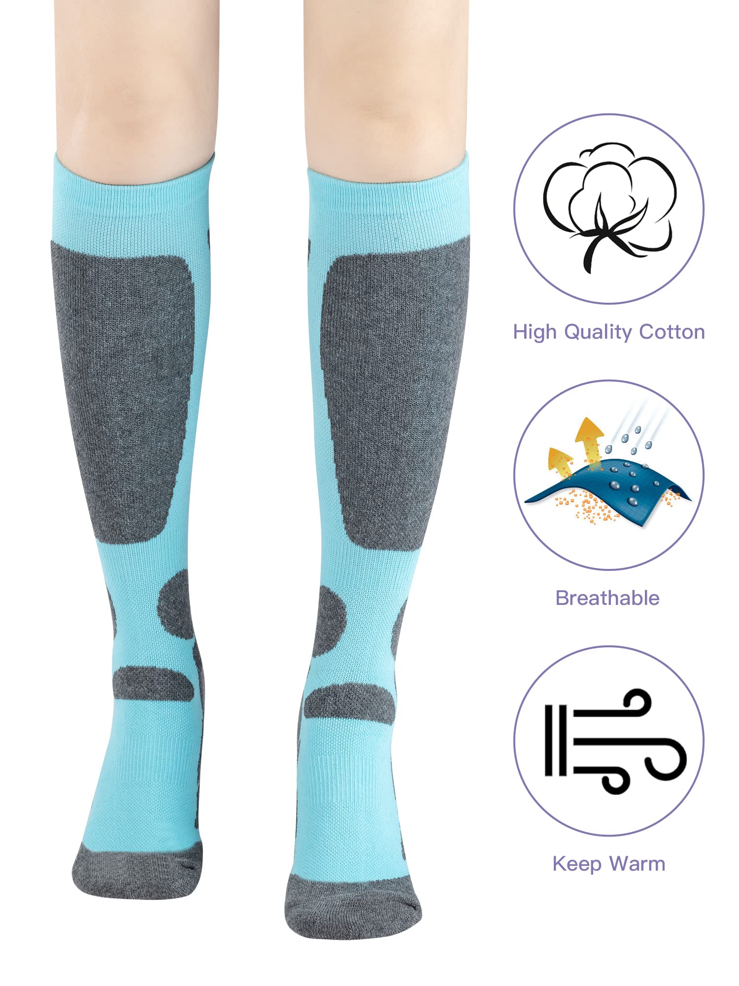 SincereWA Women's Ski Socks for Skiing, Snowboarding, Outdoor Sports,2 Pack, Winter Performance Socks, Pink, blue, 4-10