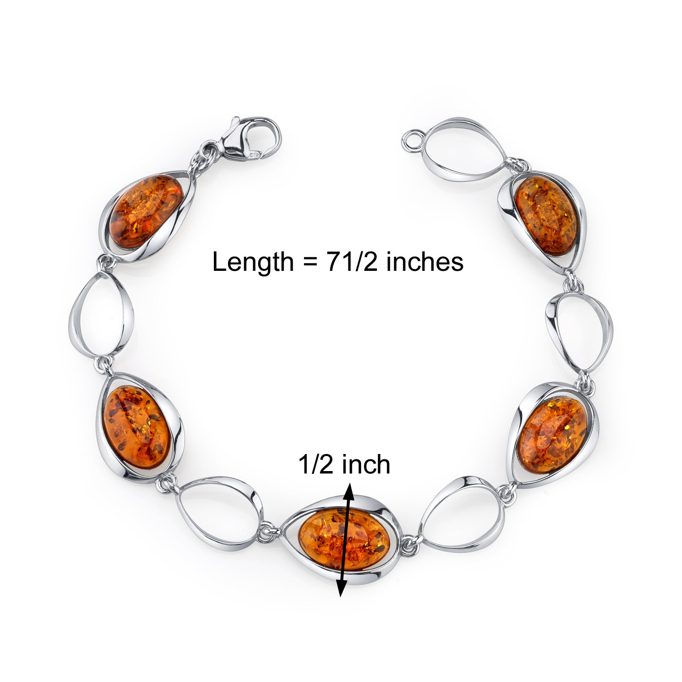 PEORA Genuine Baltic Amber Bracelet for Women 925 Sterling Silver, Rich Cognac Color, Floating Oval Shape 5 pieces, 7 1/2 inches Length