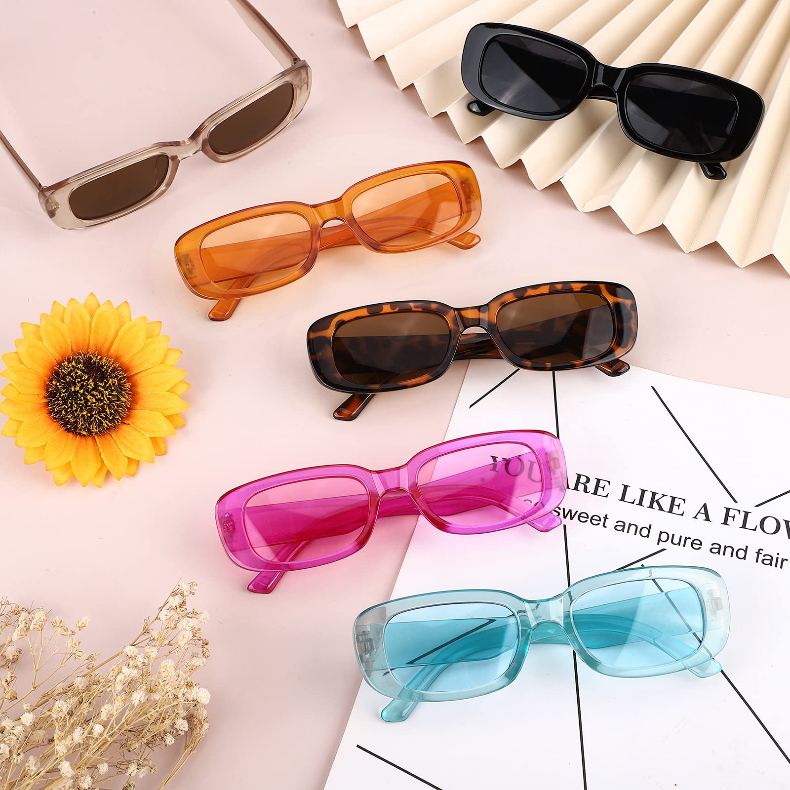URATOT 12 Pack Small Rectangle Sunglasses Women Retro Glasses Vintage Square Eyewear Wide Frame Sunglasses with Storage Bag
