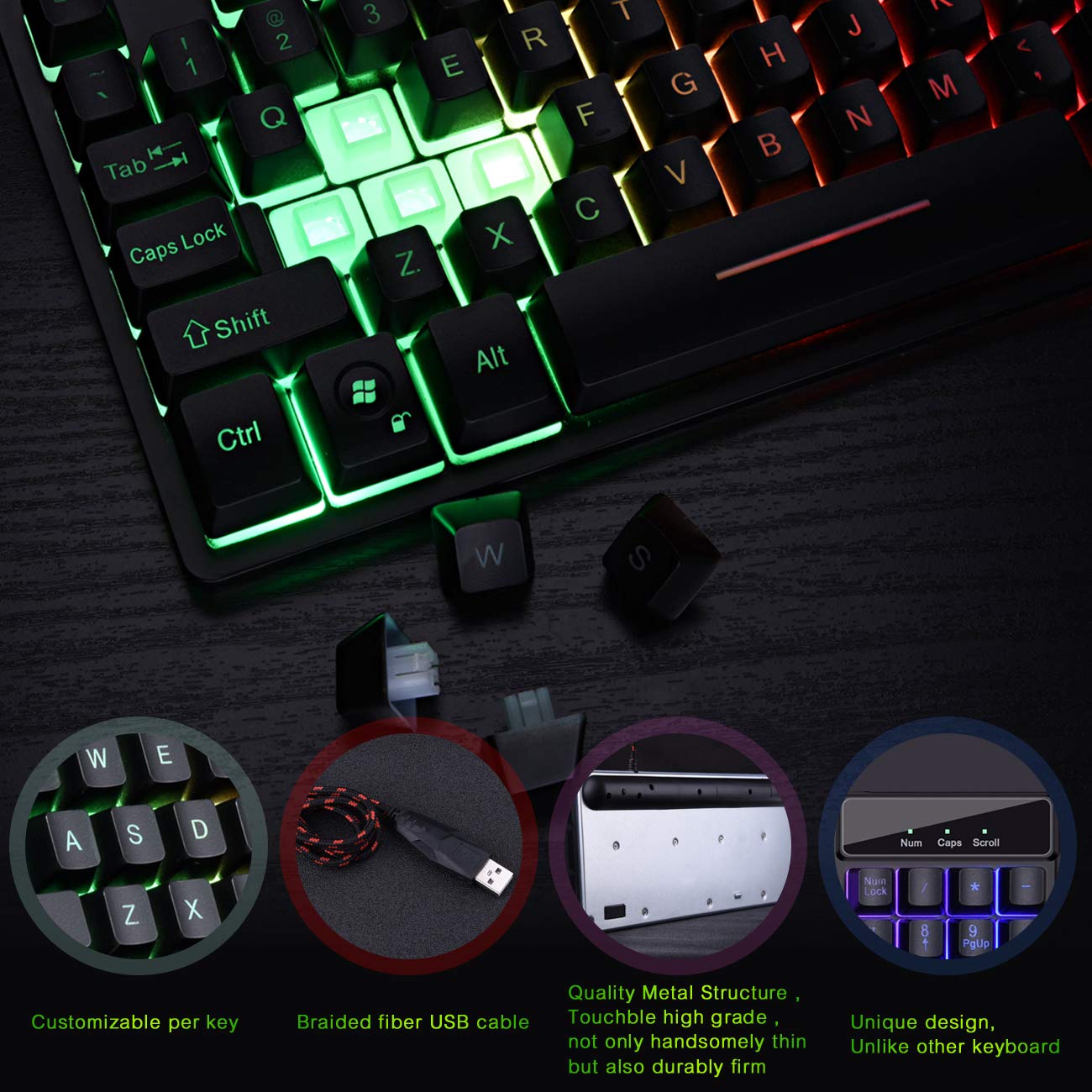 RGB Gaming Keyboard USB Wired Gaming Keyboard with Dedicated Media Controls, Multiple Color Rainbow LED Backlit, Spill-Resistant and Durable Design for Desktop, Laptop