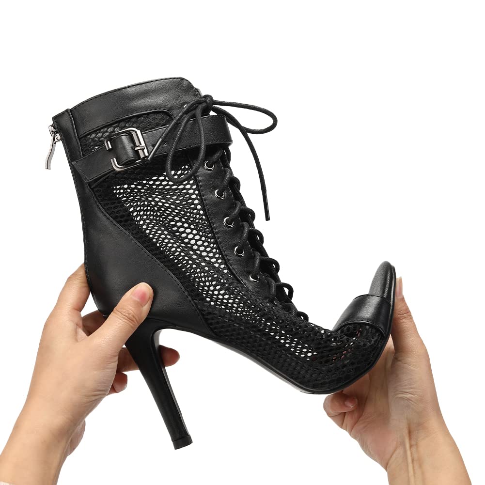 TINRYMX Women Open Toe Dance Ankle Boots Dance Heels Lace-up Latin Salsa Bachata Ballroom Dance Shoes, DSK92-PM-Black-9.5, 11(M) US