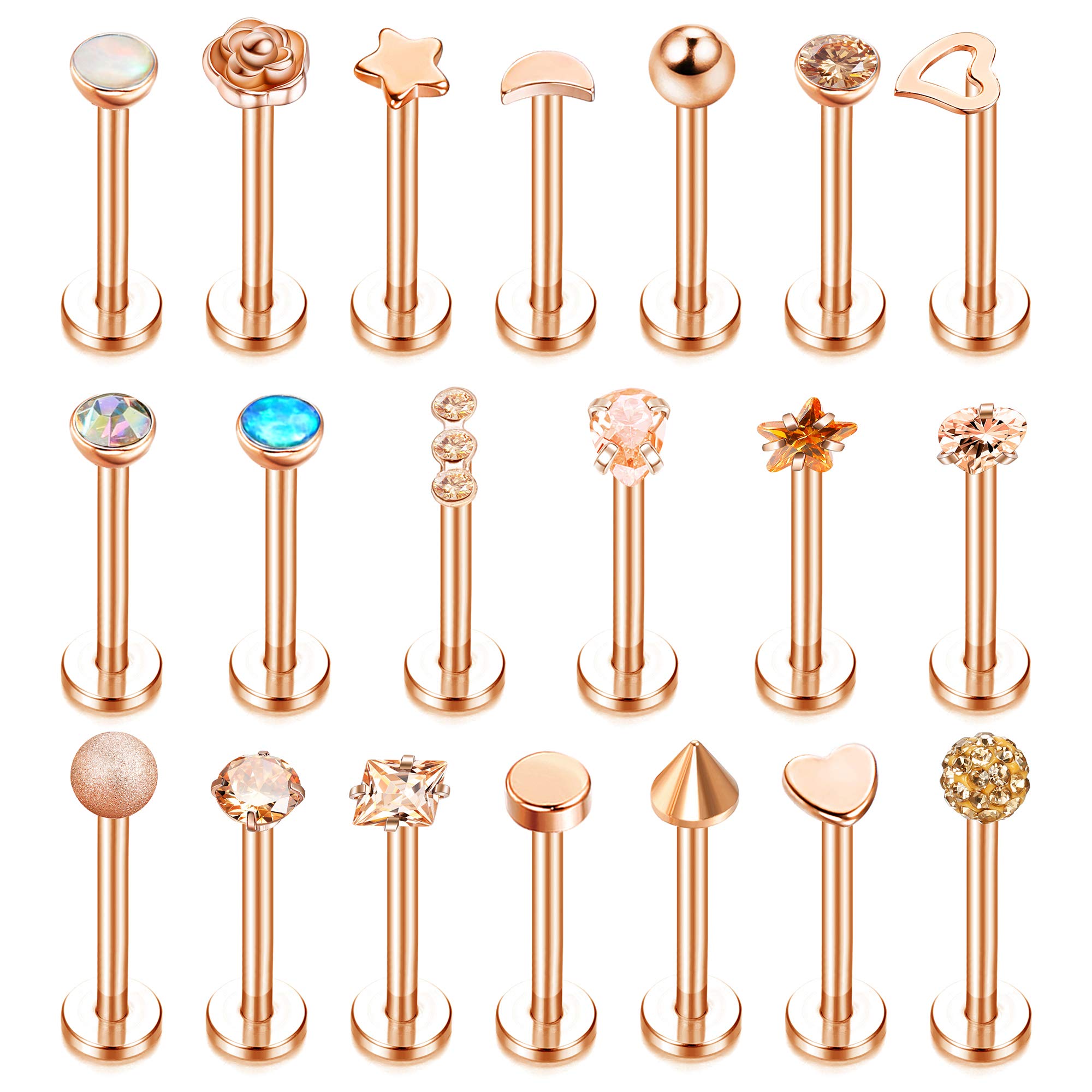 Subiceto 16G Stainless Steel Forward Helix Monroe Labret Lip Nose Studs for Men Women Tragus Cartilage Stud Earrings Cz Balls Heart Flower Medusa Piercings 20 Pcs