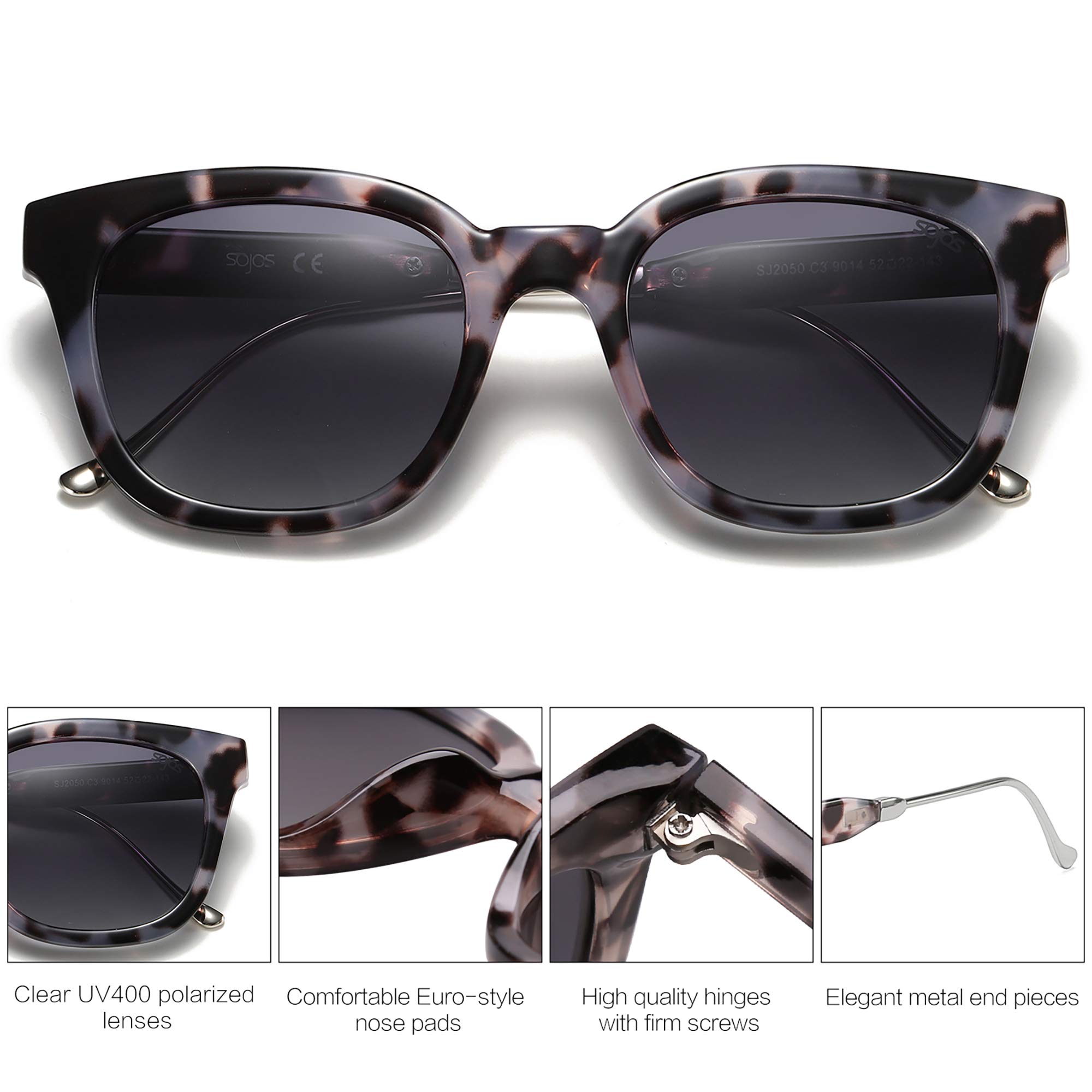 SOJOS Classic Square Polarized Sunglasses Womens Mens Retro Trendy Shades UV400 Sunnies, Black Tortoise/Grey