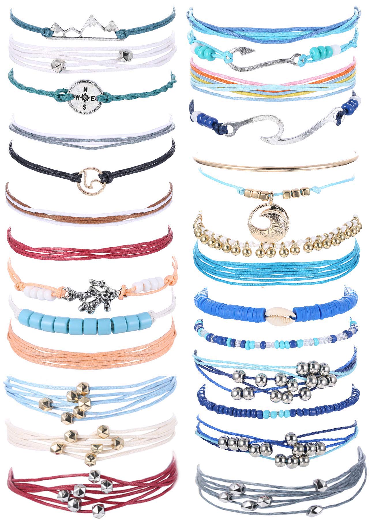 Subiceto 7 Set Wave Strand Vsco Bracelets for Women Waterproof Handcrafted Handmade Braided Rope Wax Coated Boho Woven Bracelet Set