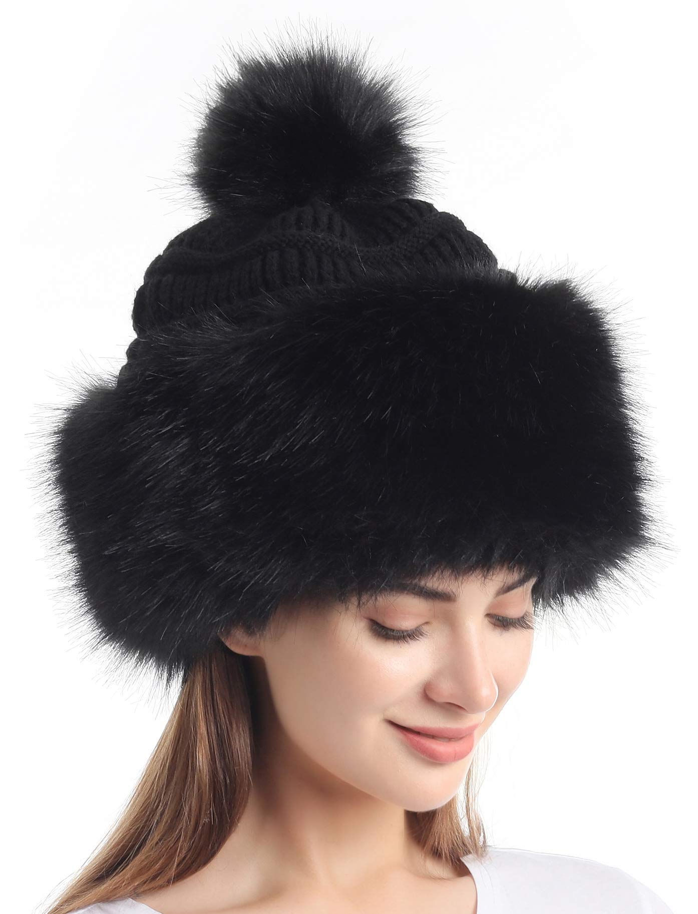 Soul Young Women's Faux Fur Hat Black Russian Cossack Knit Pompom Ski Snow Cap for Winter White(One Size,Black)
