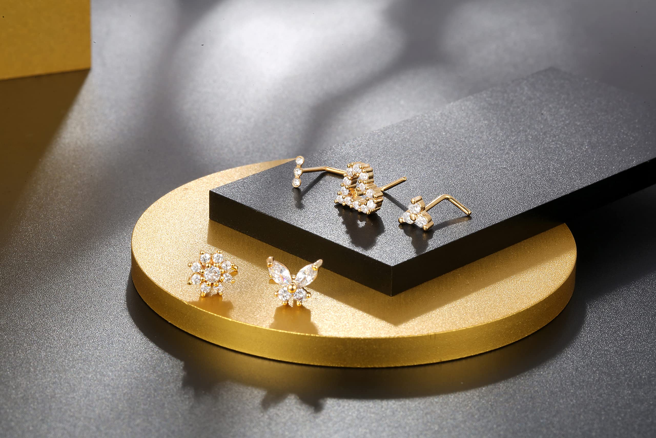 Zankulas Nose Piercings Jewelry Studs Heart Nose Ring L Shaped with Flower Butterfly Elements 20G Gold