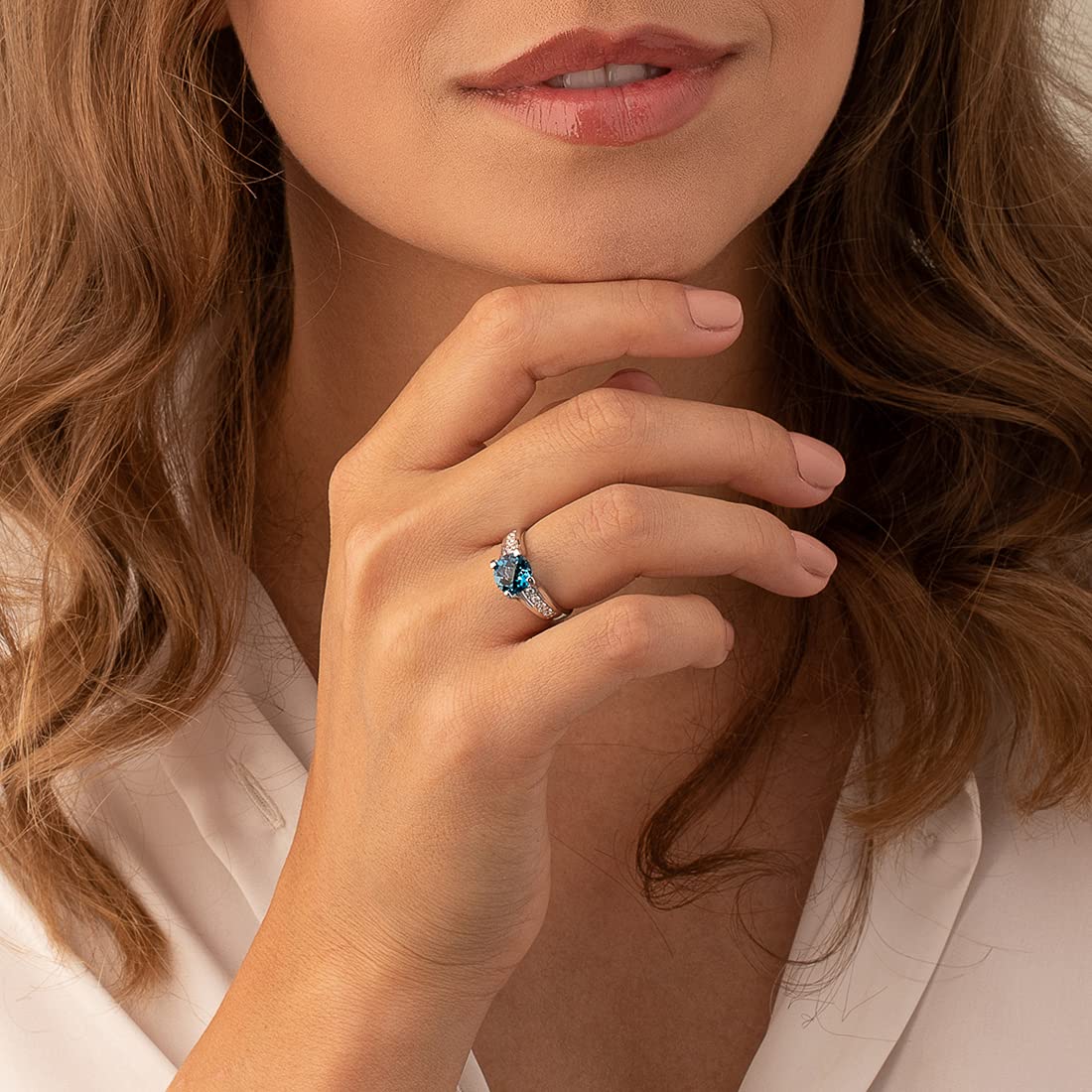 PEORA London Blue Topaz Cathedral Solitaire Ring for Women 925 Sterling Silver, Natural Gemstone Birthstone, 2.25 Carats Round Shape 8mm, Size 8