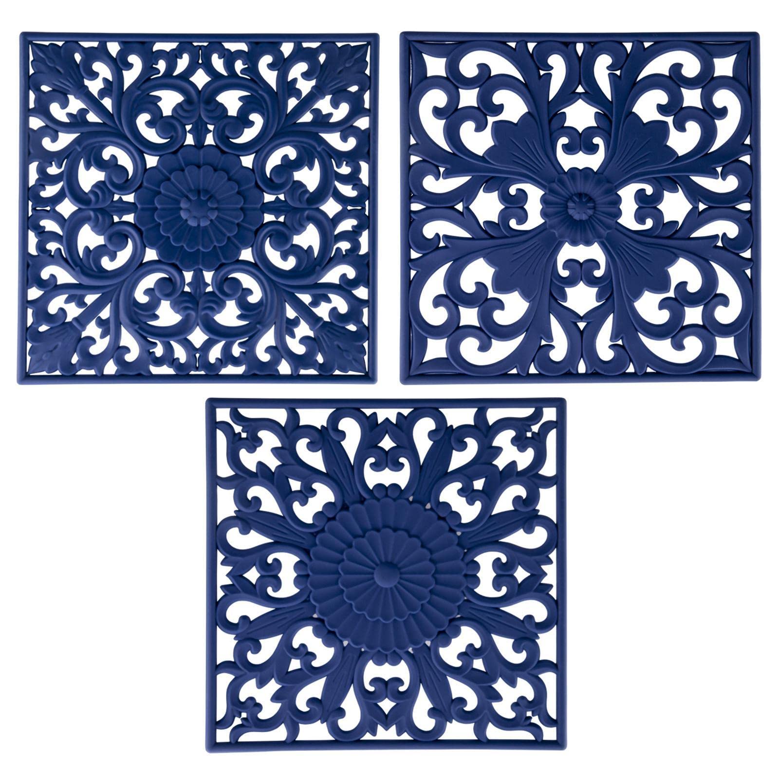 Viwehots Silicone Trivets Mats for Hot Pots and Pans, Square Non Slip Mat for Table Multi-Use Carved Hot Pads and Mats, Flexible Modern Pad Heat Resistant Big Teapot Coaster Set of 3 Blue