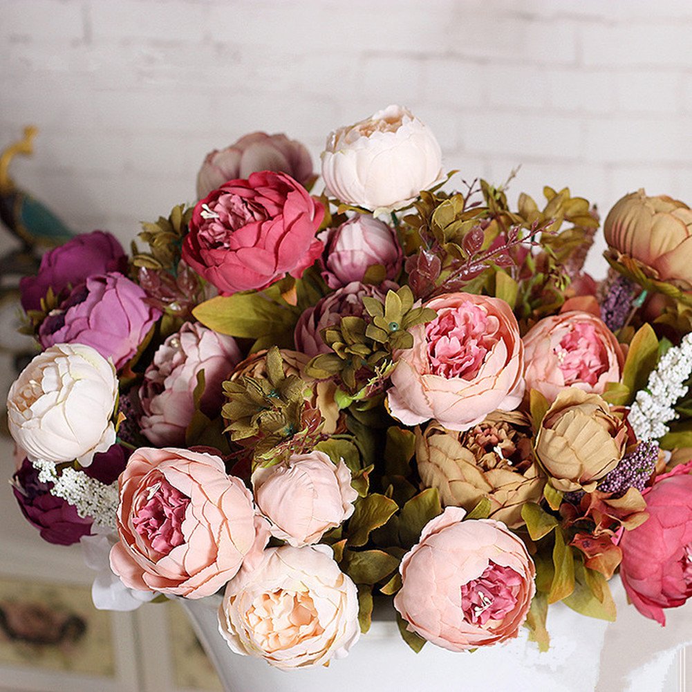 SHINE-CO Lighting Artificial Peony Silk Flowers Bouquet Glorious Moral for Home Office Decoration and Weddings(Rosy Pink)