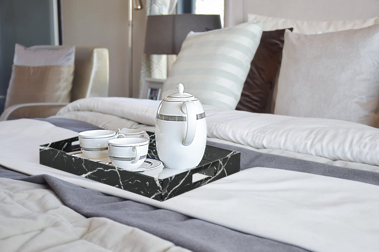 Vixdonos Decorative Serving Tray Marble Black Leather Tray Mirror Ottoman Tray with Handles for Coffee,Candle Holders,16.2'' X 12.2" X 2''