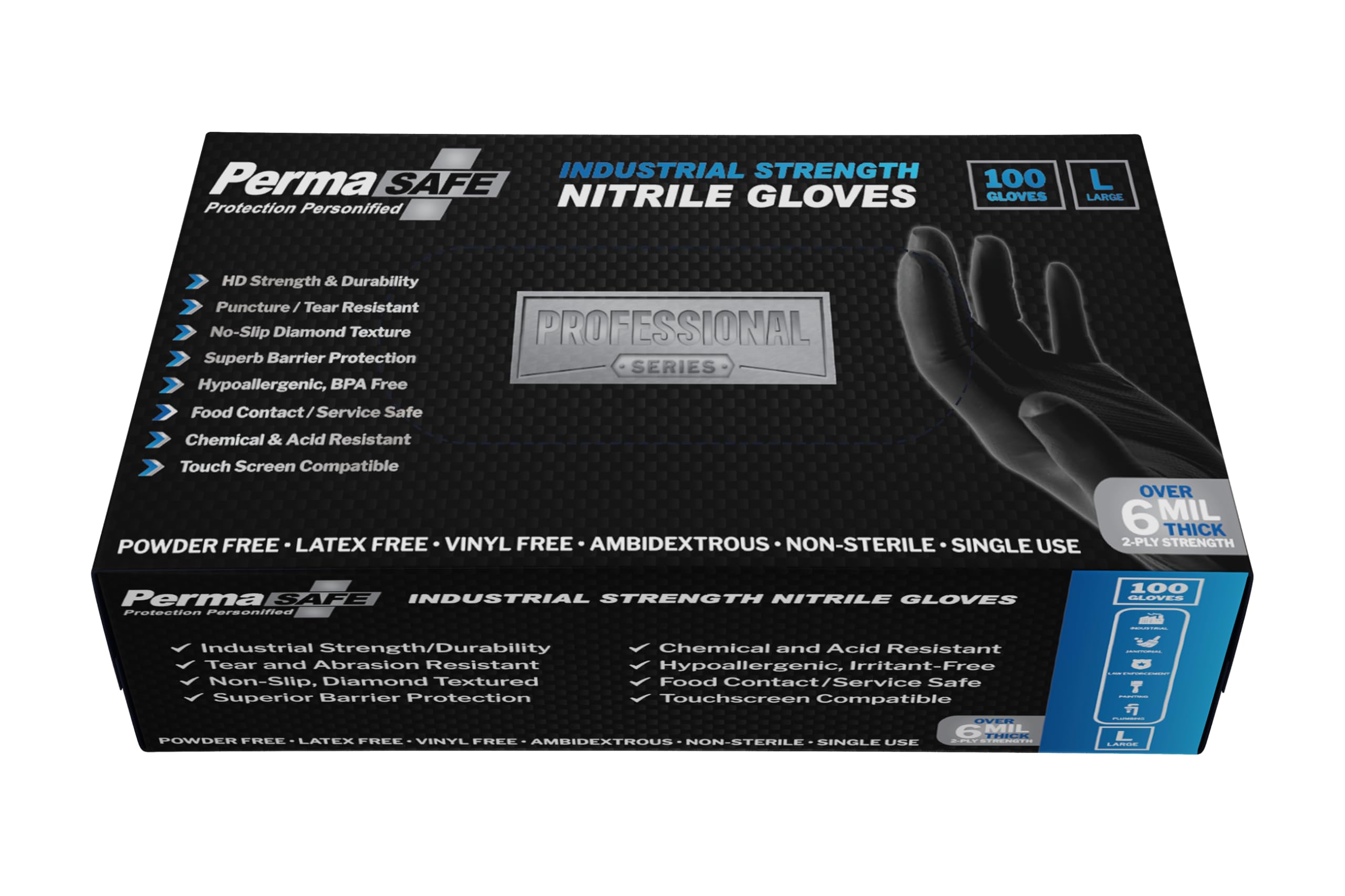 PermaSafe HD Industrial Strength, Nitrile Disposable Gloves, 6+ Mil, Latex Free, Raised Diamond Texture, Mechanicās Gloves (Medium, Box of 100)