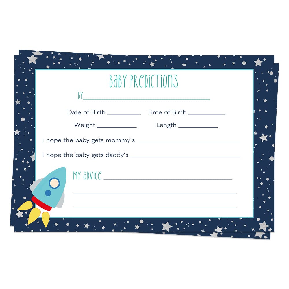Space Baby Shower Predictions About New Baby Cards Rocket Ship Outer Space Sprinkle Wishes Hopes Dreams Ship Stars Moon Countdown 321 to Baby Spaceship Stripe Aqua Navy Blue Boys It's A Boy (24 Count)