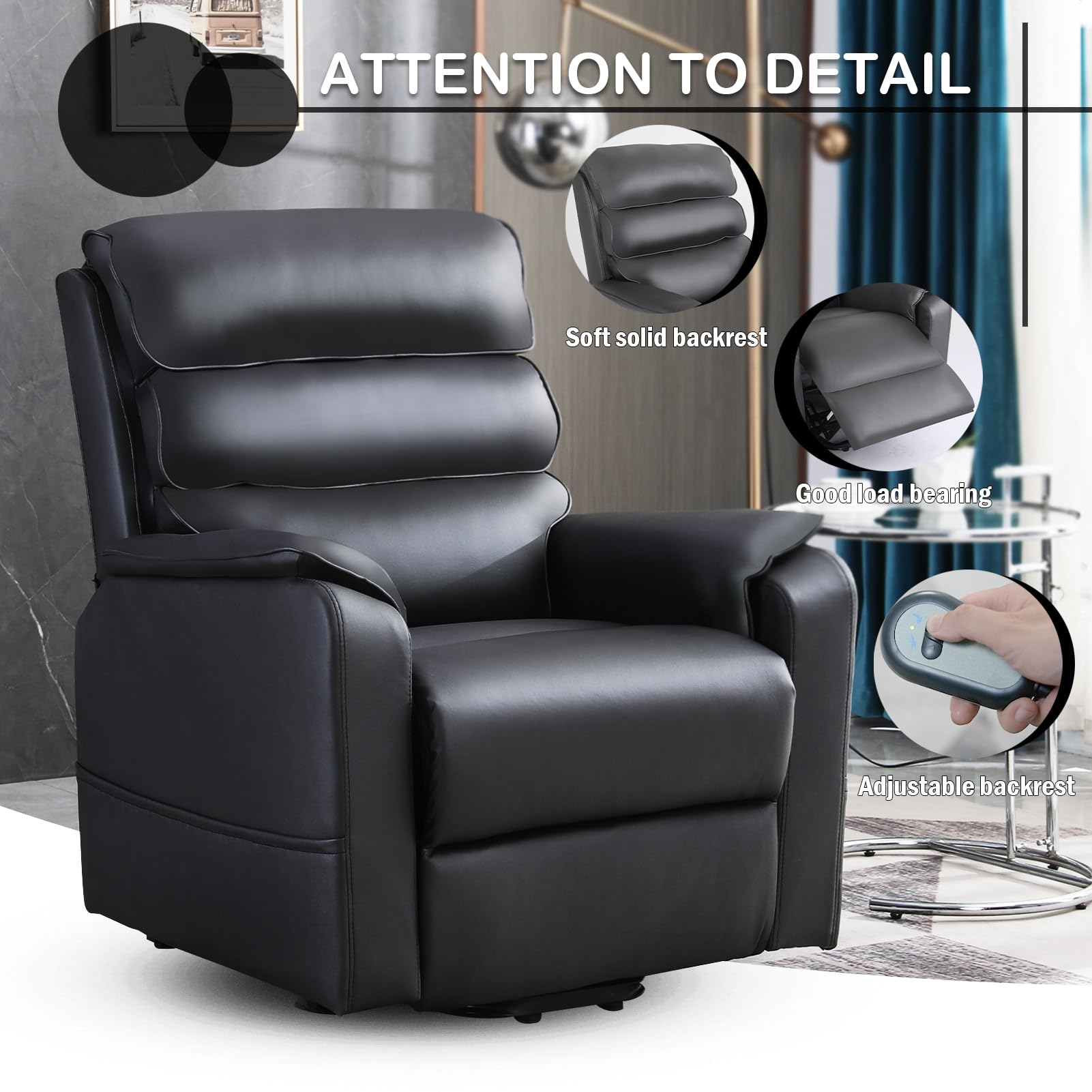 Power Lift Recliner Chair for Adults, Ergonomic Lift Chairs for Elderly, Adjustable Positions PU Leather Home Theater Seating, Black