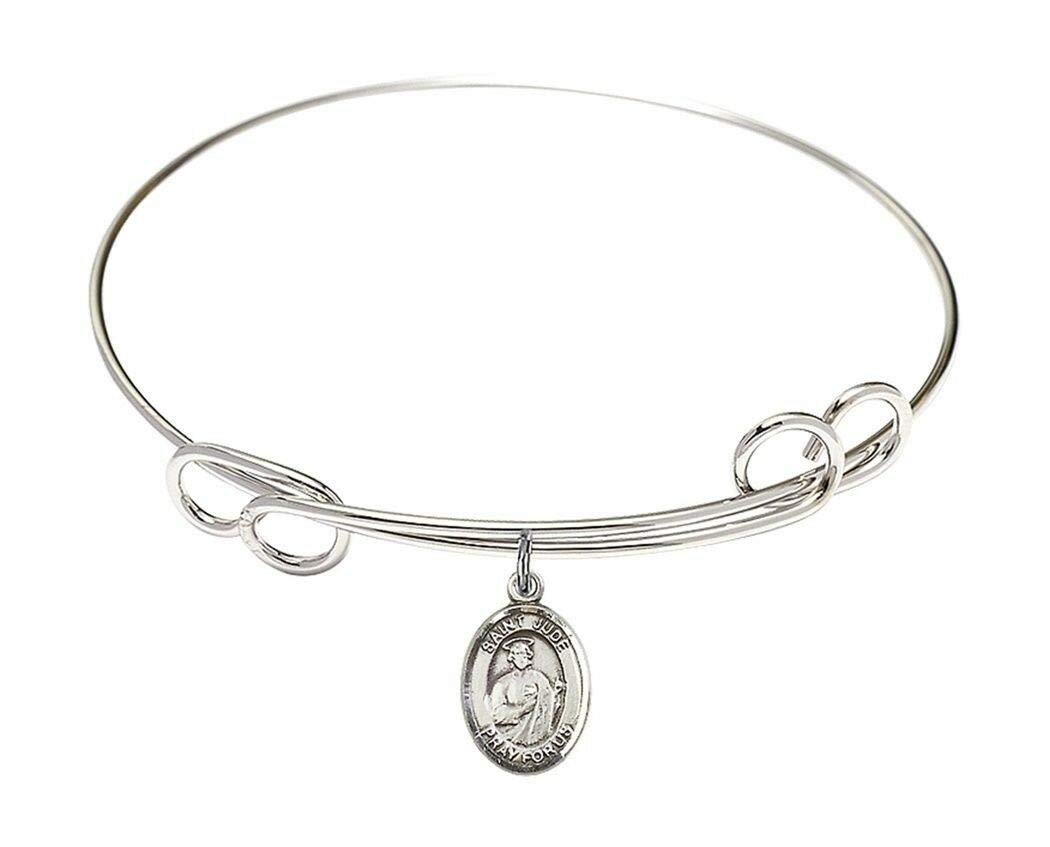 RIF storE Silv-r Tone Double Loop Bangle Bracelet with Saint Jude Thaddeus Charm, 8 Inch #A-1-4338