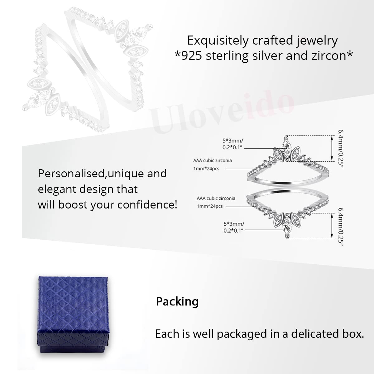 Uloveido Women's 925 Sterling Silver Marquise Cut Cubic Zirconia Ladies Anniversary Wedding Band Enhancer Guard Double Band (size 5)