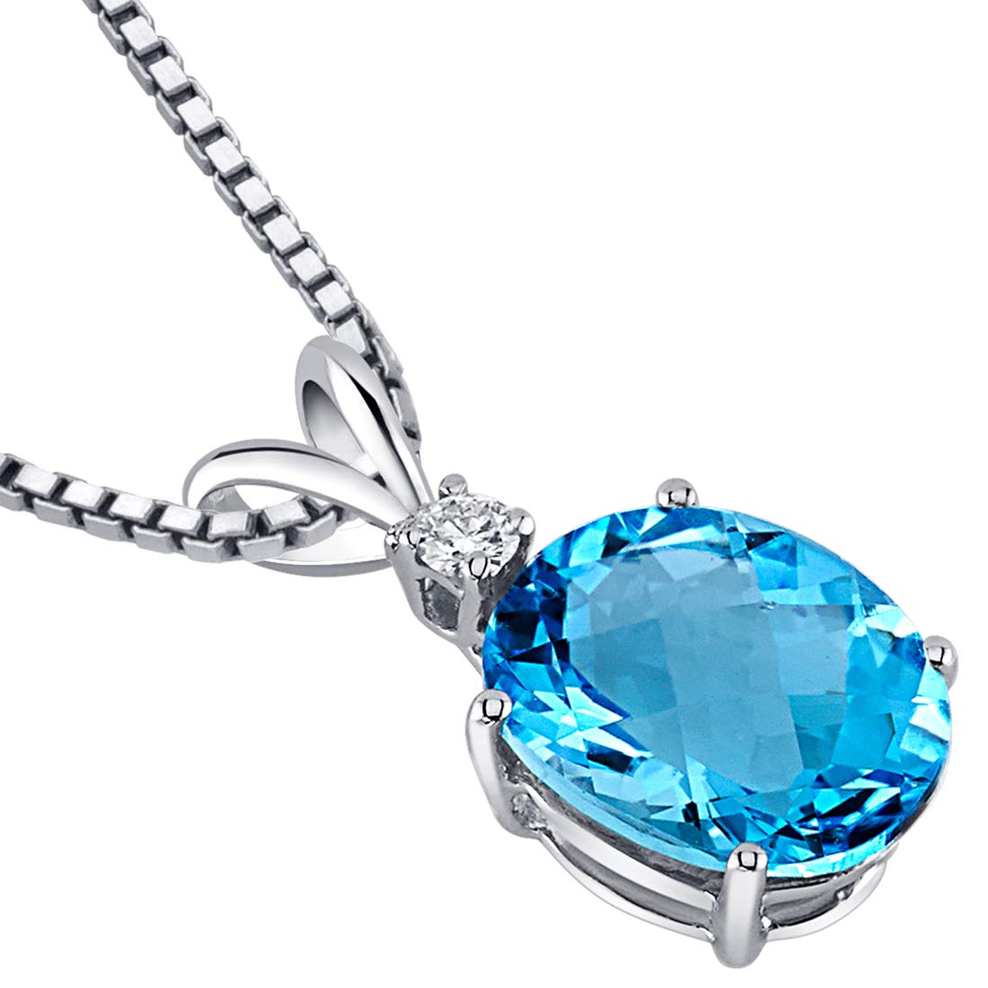PEORA 14K White Gold Swiss Blue Topaz and Diamond Pendant for Women, Genuine Gemstone Birthstone Solitaire, 3 Carats total Oval Shape 10x8mm