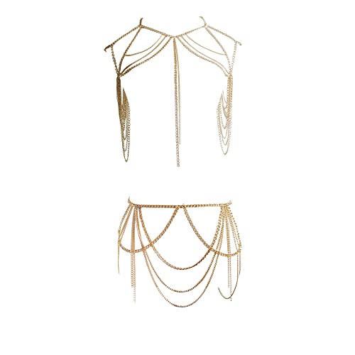 Sinkcangwu Sexy Body Chain Set Layered Necklace Bra Waist Chain Summer Fashion Bohemian Jewelry Suit for Beach Party Holidy (Gold)