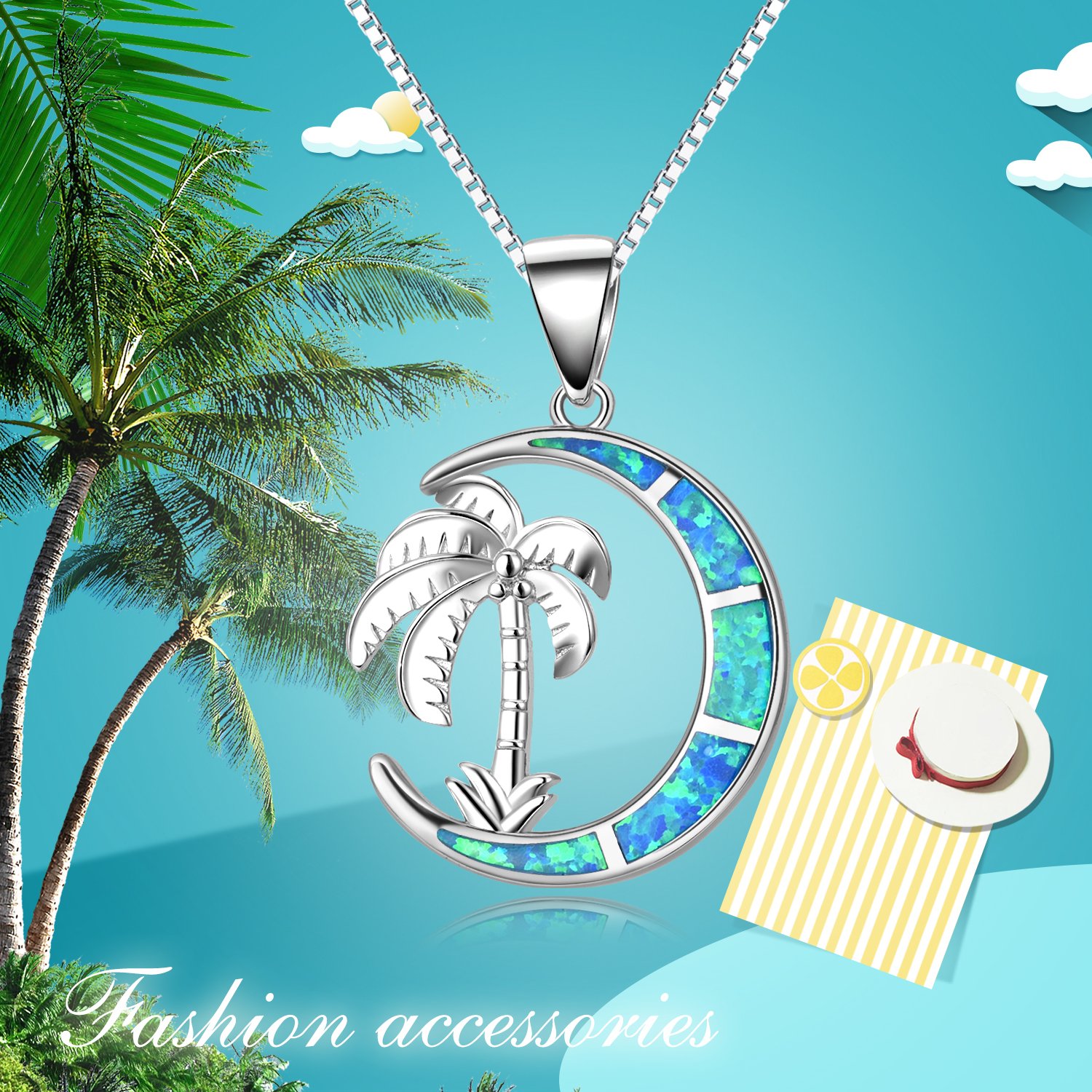 SOULMEET Palm Tree Blue Simulated Opal Moon Necklace, Sterling Silver Palm Tree Jewelry for Her, Summer Beach Style October Birthstone Christmas Gift Idea