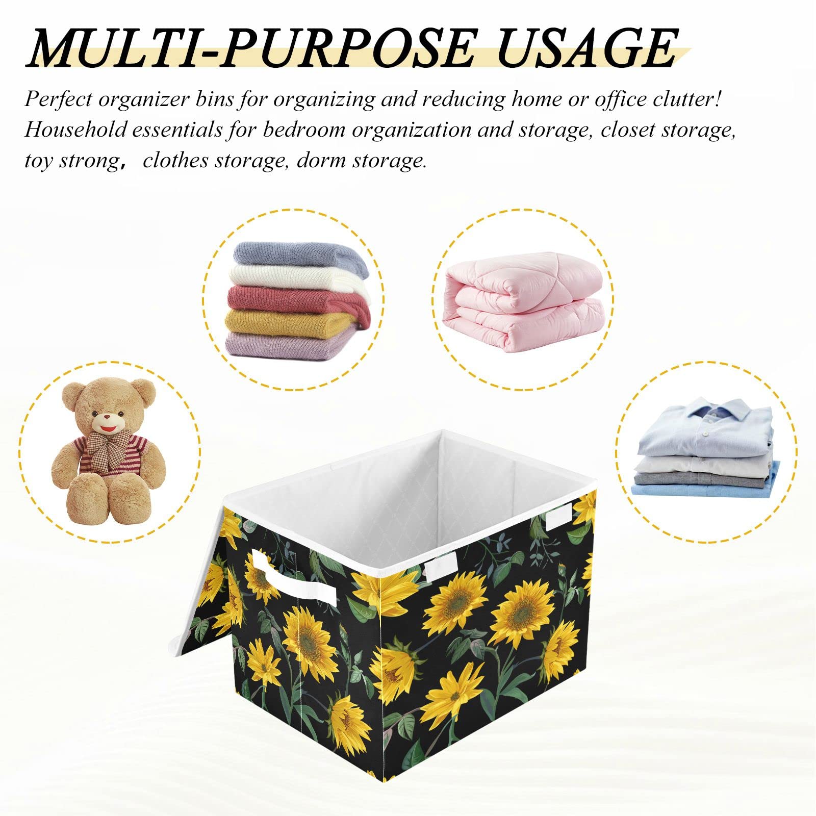 Vnurnrn Collapsible Storage Bins with Lids, Sun Flower Yellow Flowers Foldable Storage Boxes, Storage Box Cube with Lid for Clothes,Bedroom,Toys,16.5x12.6x11.8 Inch