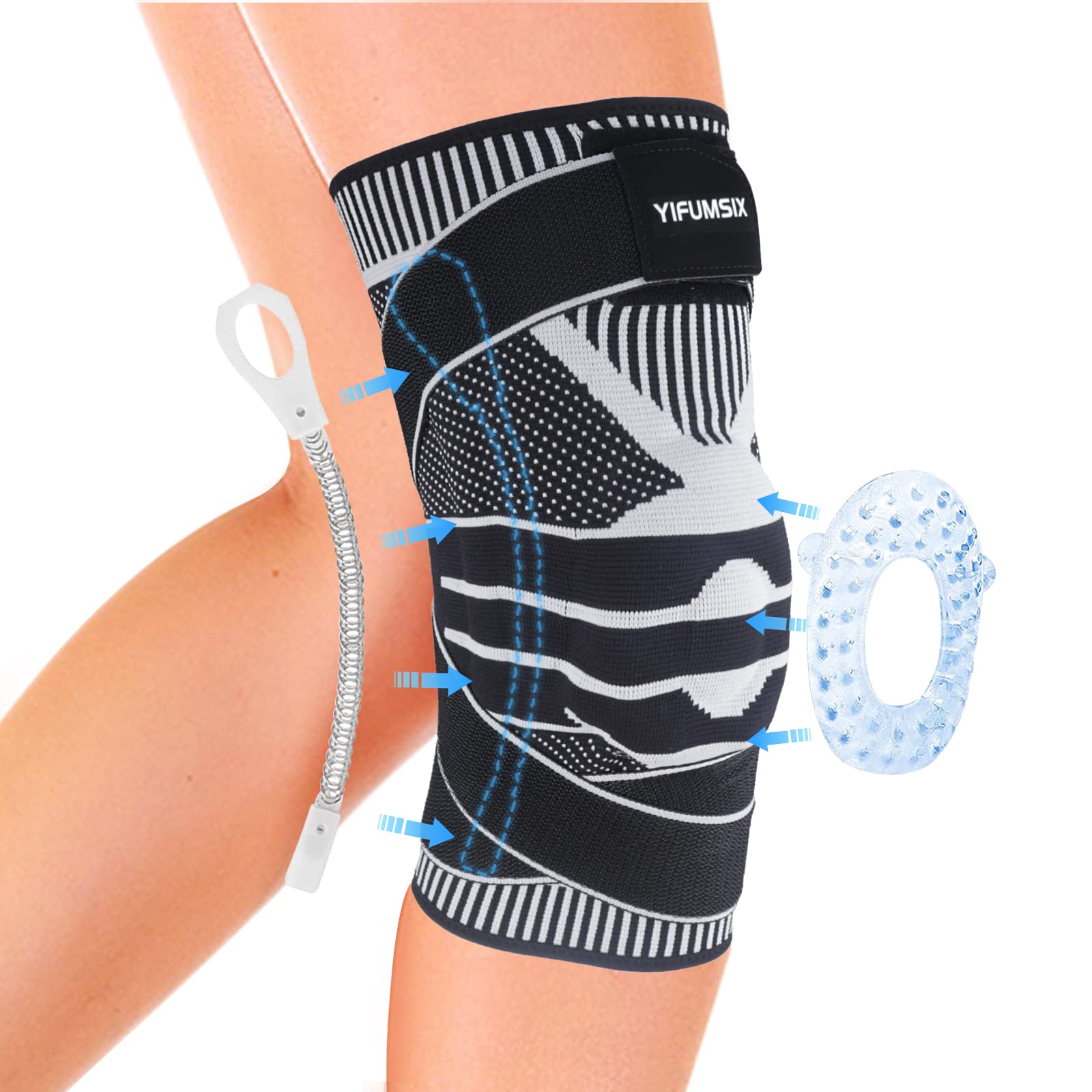 YIFUMSIX Knee Brace Compression Fit Support with Patella Gel Pad and Side Spring Stabilizers for Men Women Improved Circulation Compression-Single (X-Large)