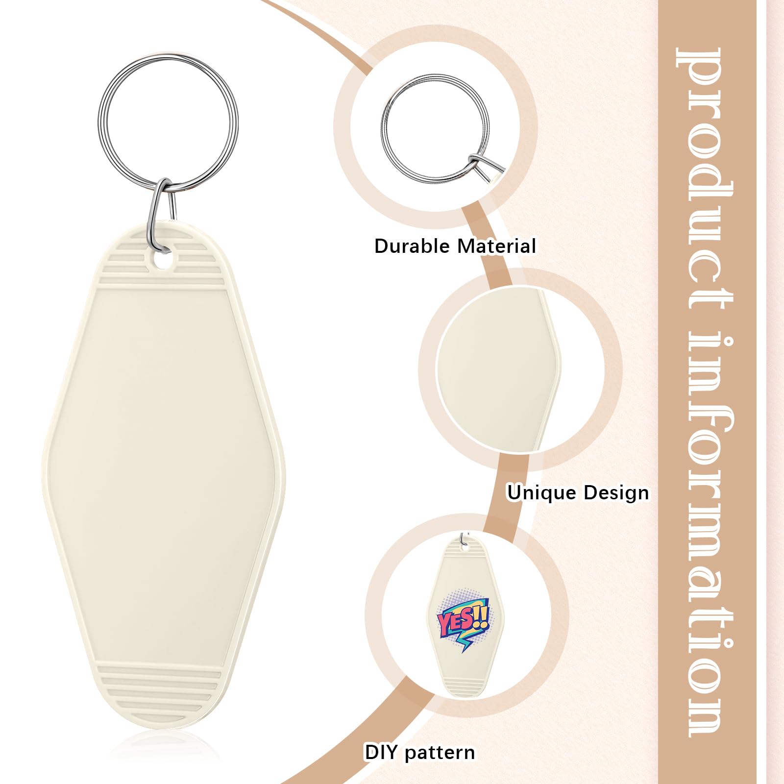 Pinkunn 24 Pcs Vintage Motel Keychain Blank DIY Heat Transfer Keychains Bulk Sublimation Plastic Hotel Backpack Key Tags(Beige)