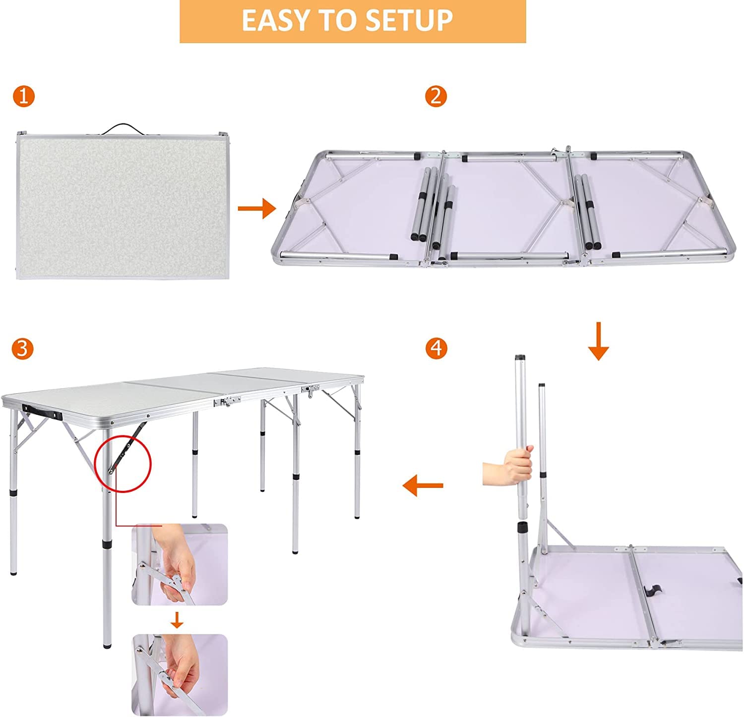 RedSwing Tri-fold 6ft Folding Table, Aluminum Outdoor Table with Adjustable Heights Legs, Portable Lightweight Camping Table for Picnic, Party, Beach, 72"x24", White