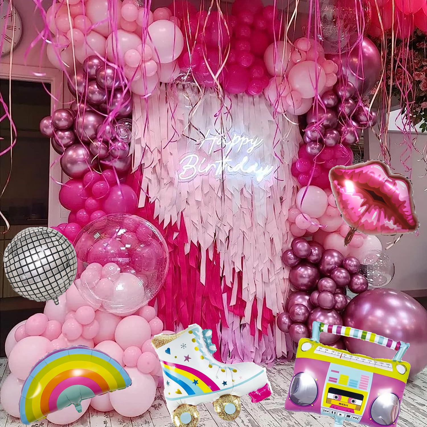 Rainbow Retro Party Balloons Kit for Hot Pink Girls Birthday Party,Baby Shower,Princess Themed Decorations