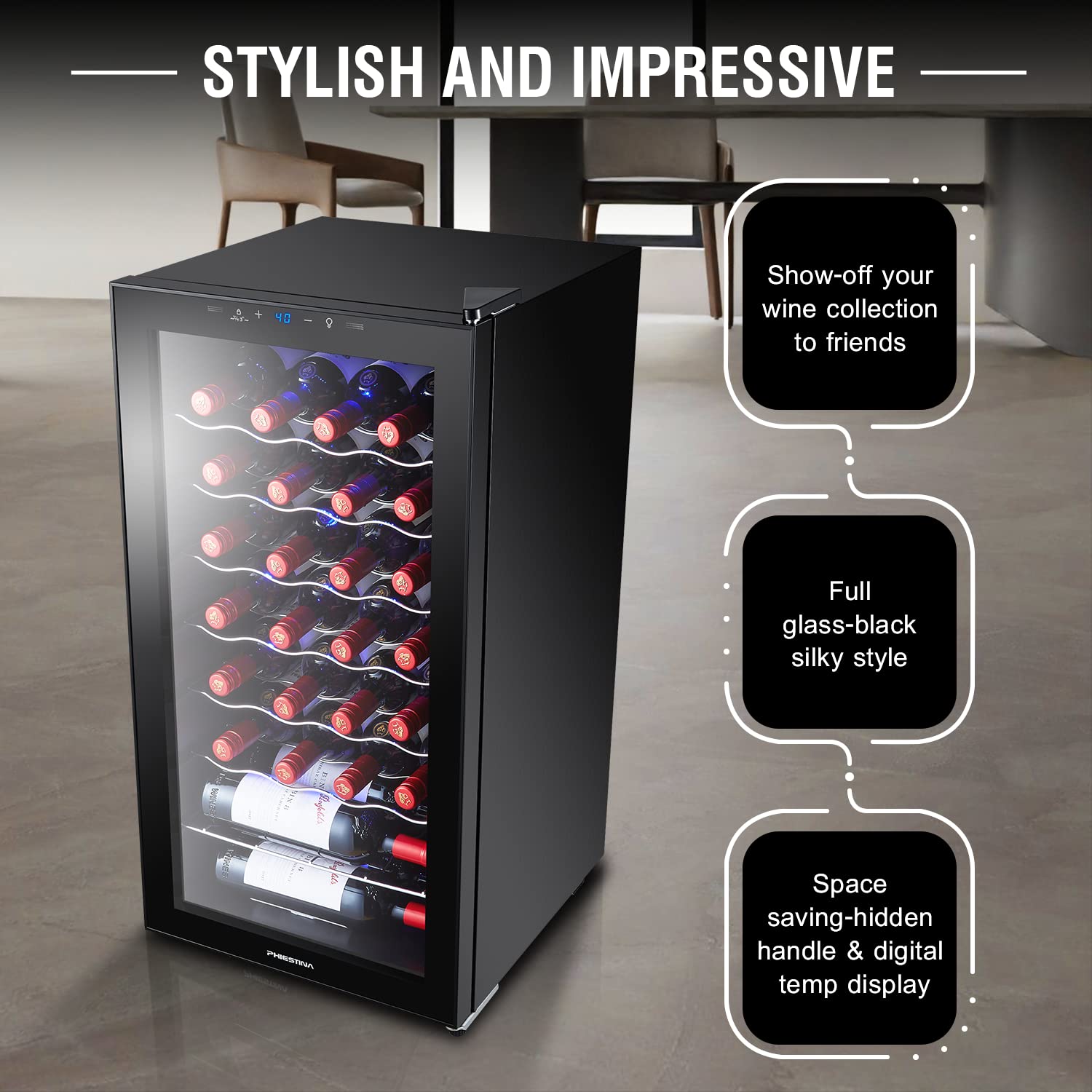 Phiestina Wine and Beverage Refrigerator Wine Cooler Freestanding 28 Bottles or 24 Bottles 15 cans Wine Fridge with LED light Digital Touch Control 7 Removable Shelves for Home/Bar/Office