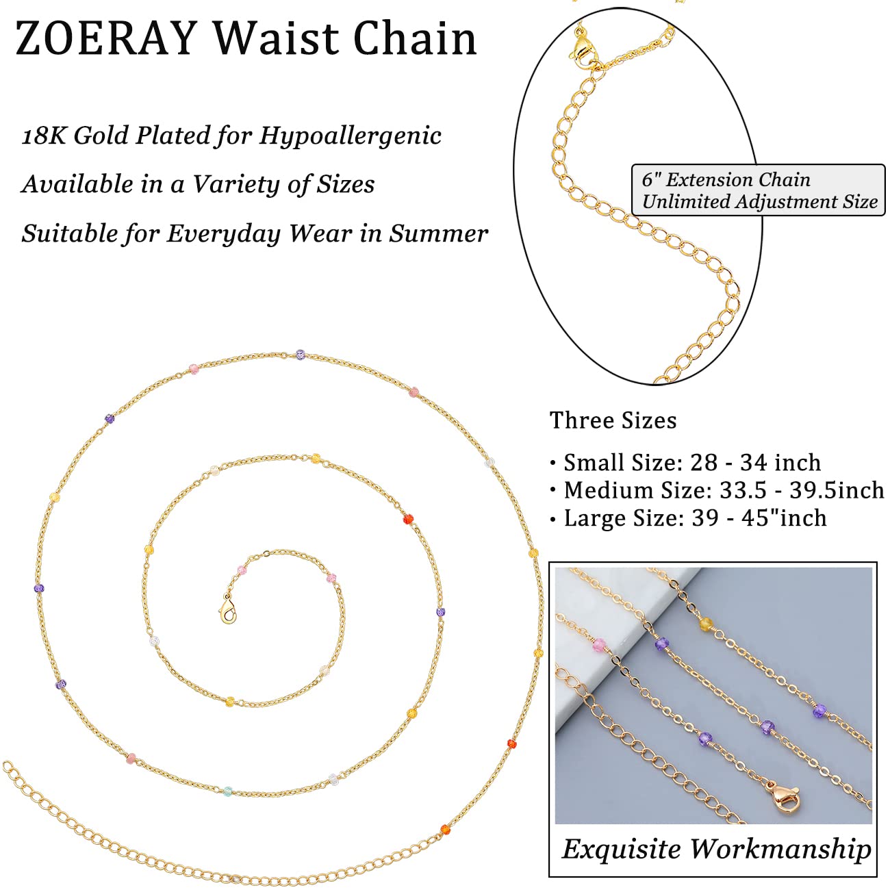 ZOERAY Waist Chain for Women 18K Gold Plated Adjustable Pearl Sexy Belly Chain Plus Size Beach Bikini Body Chain Body Jewelry