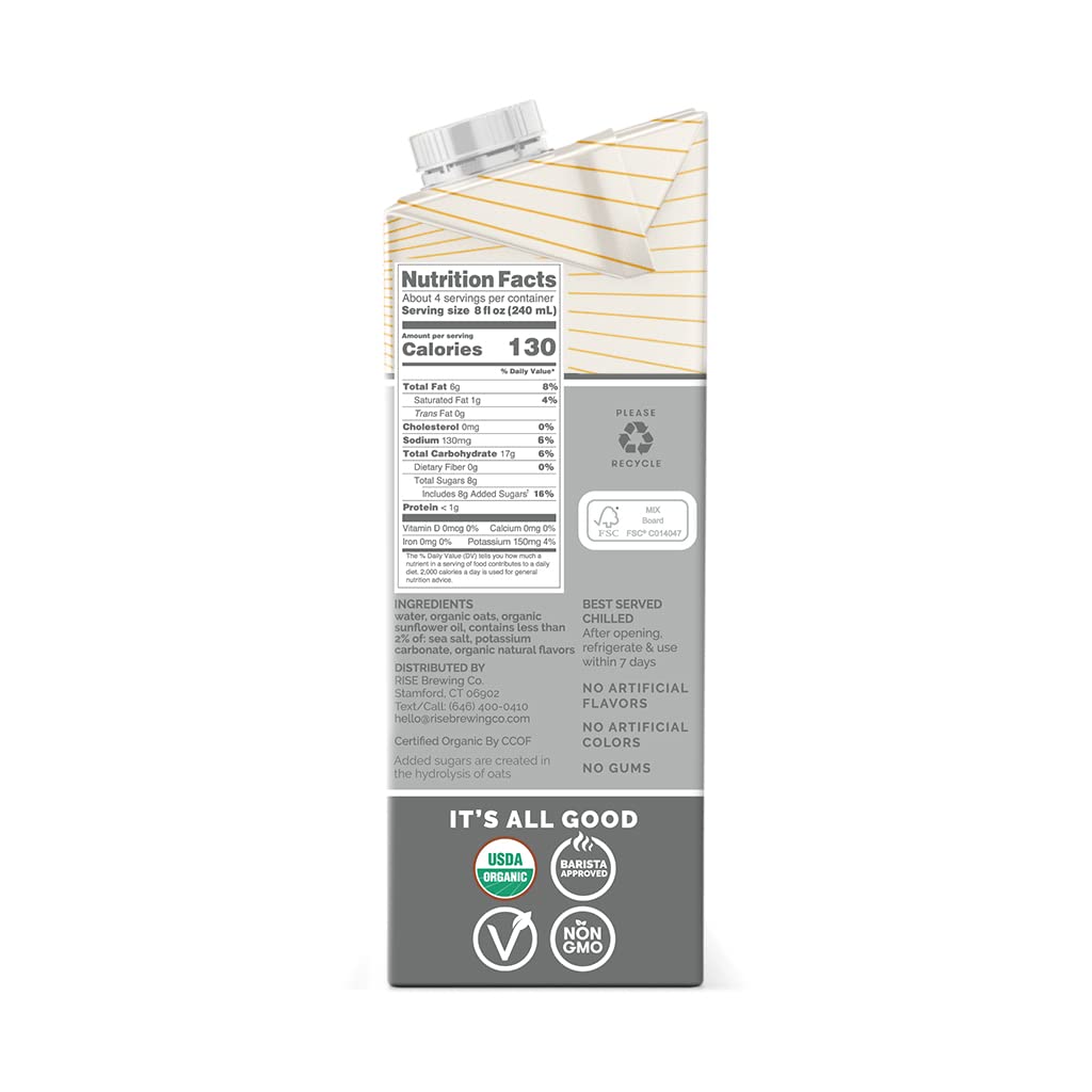 RISE Brewing Co. Barista Blend Oat Milk, USDA Organic & Non-GMO, Vegan & Non-Dairy, 32 fl. oz. Cartons (6 pack)