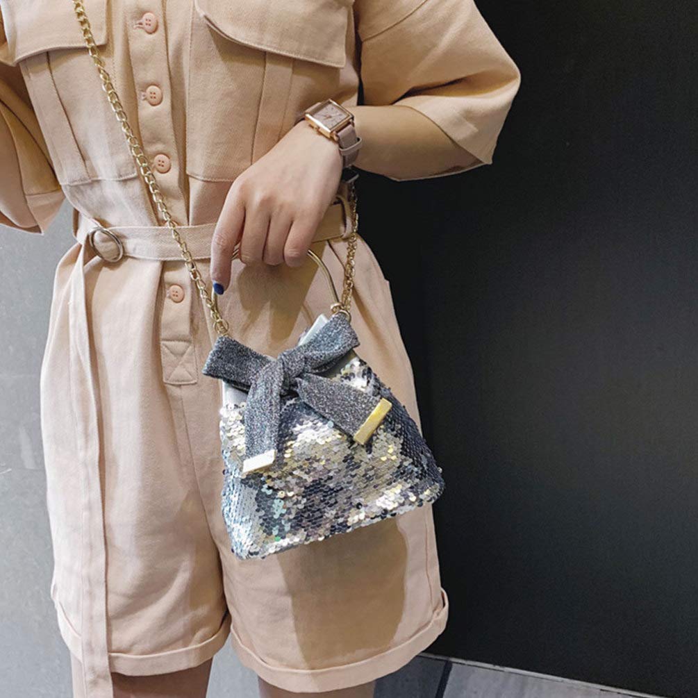 TENDYCOCO Crossbody Bag Top Handle Flip Sequin Clutch Glitter Drawstring Bucket Bag Bow Tie Knot Shiny for Women Ladies