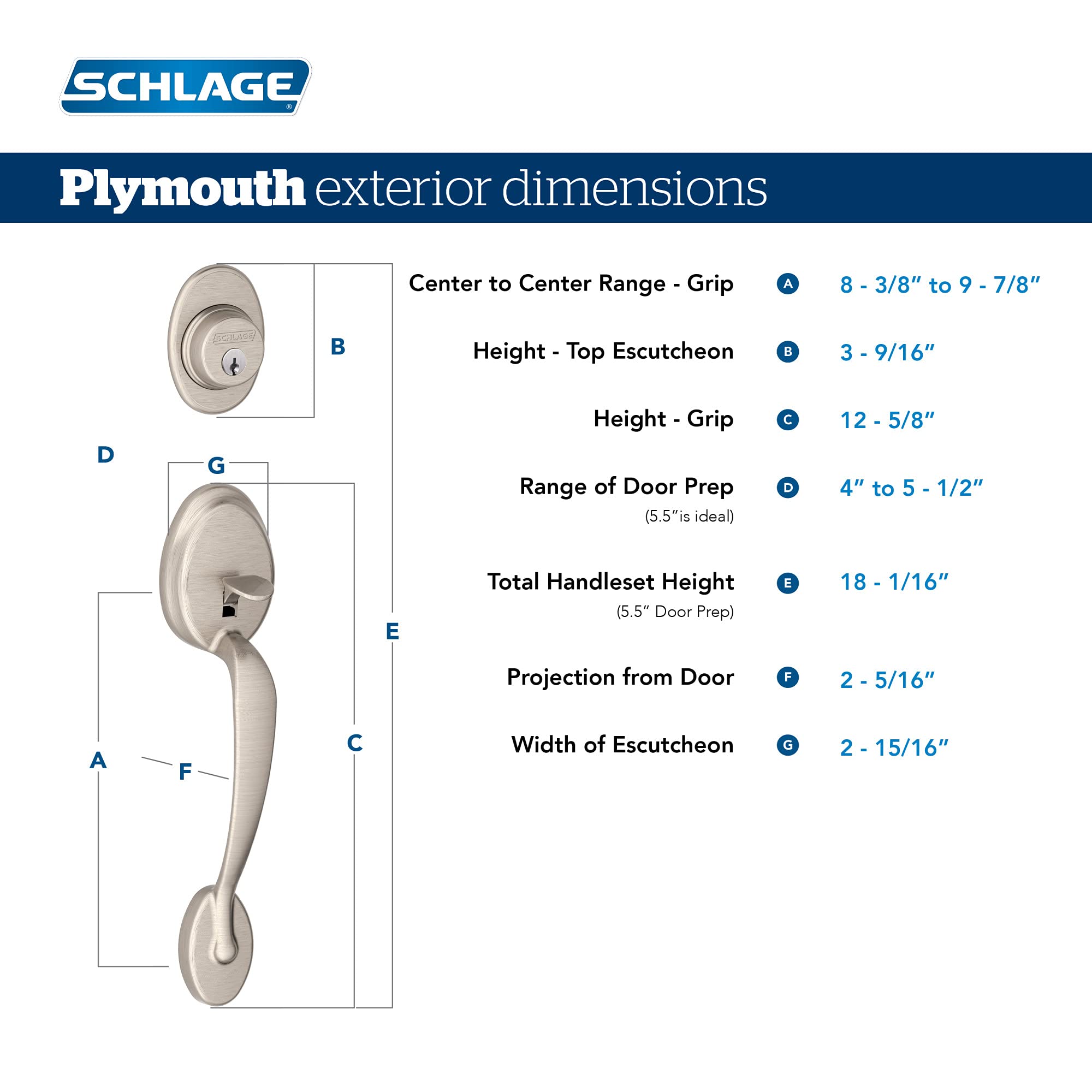 Schlage F60 V PLY 619 GEO Plymouth Front Entry Handleset with Georgian Knob, Deadbolt Keyed 1 Side, Satin Nickel