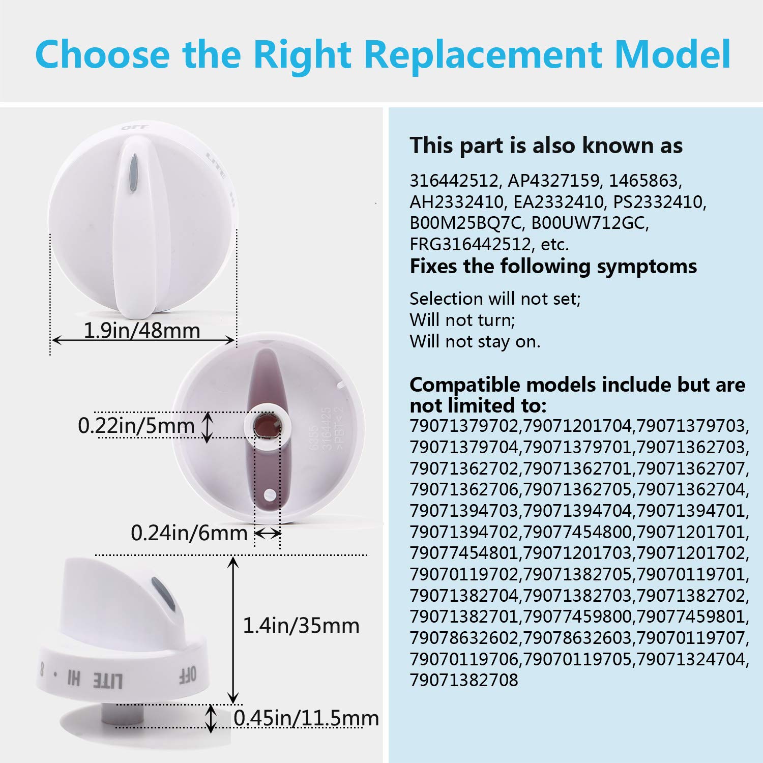 Reyhoar Range Surface Burner Knob Replacement Part 316442512 Compatible with Frigidaire & Kenmore & Sears Range Oven - Replaces PS2332410, AP4327159, FRG316442512, 1 Pcs, White