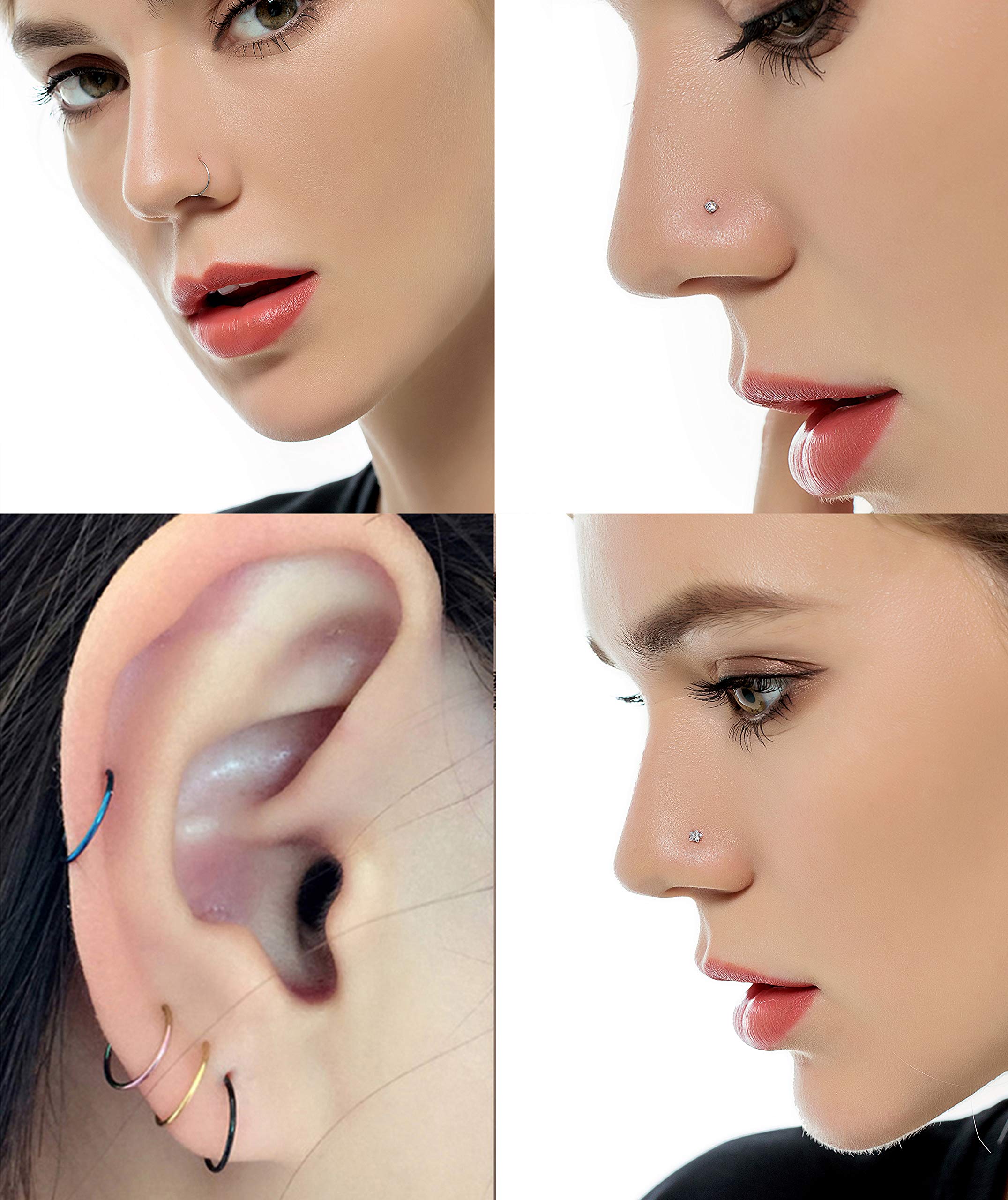 Tornito 20G 42Pcs Stainless Steel Nose Rings Nose Studs Set L-Shaped Bone Curved Nose Stud Piercing Helix Cartilage Tragus Hoop Rings Body Piercing Jewelry for Men and Women 8mm