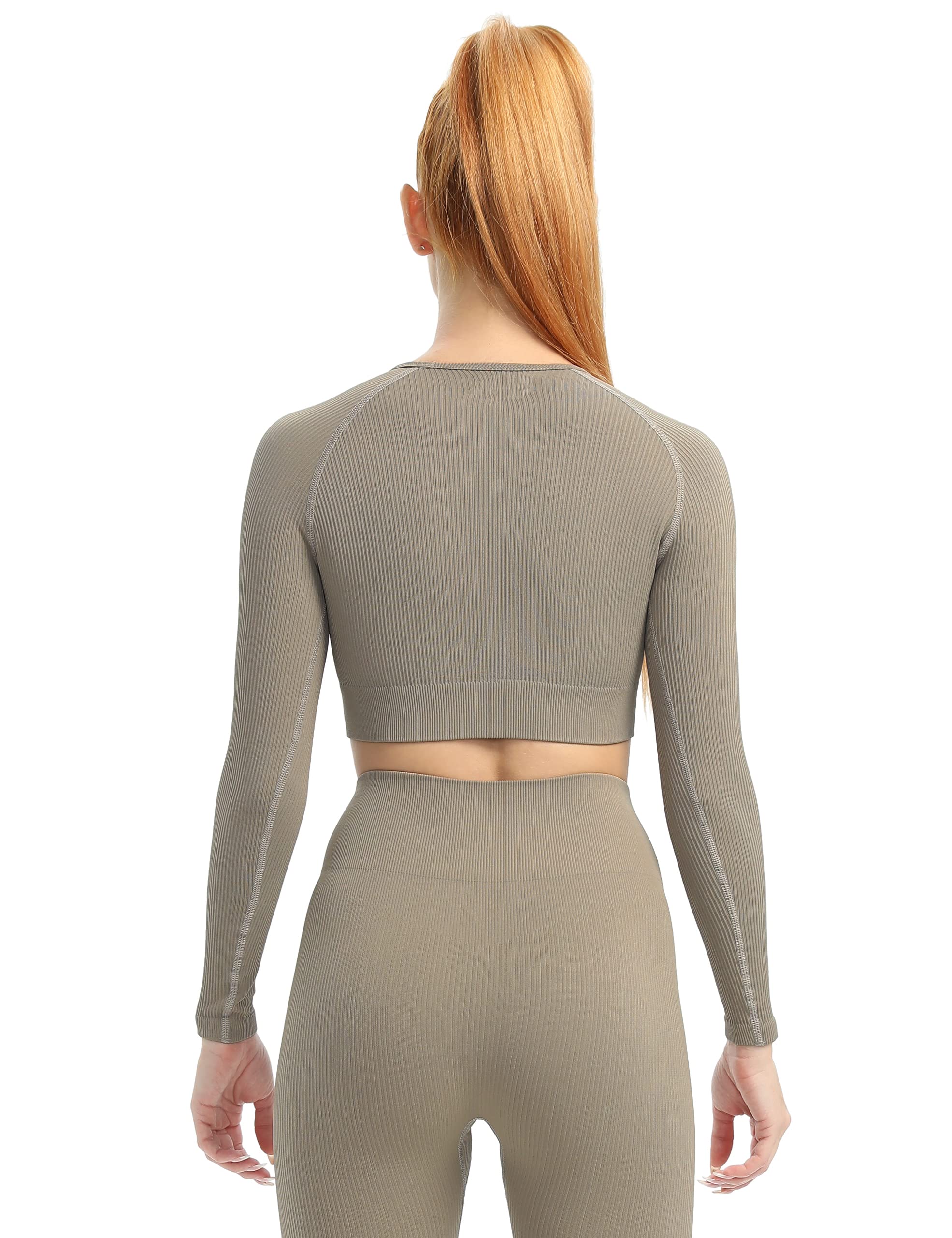 VALANDY Women's Long Sleeve Crop Tops Seamless Workout Shirts Fitted Crewneck Ribbed Running Tees Light Grey