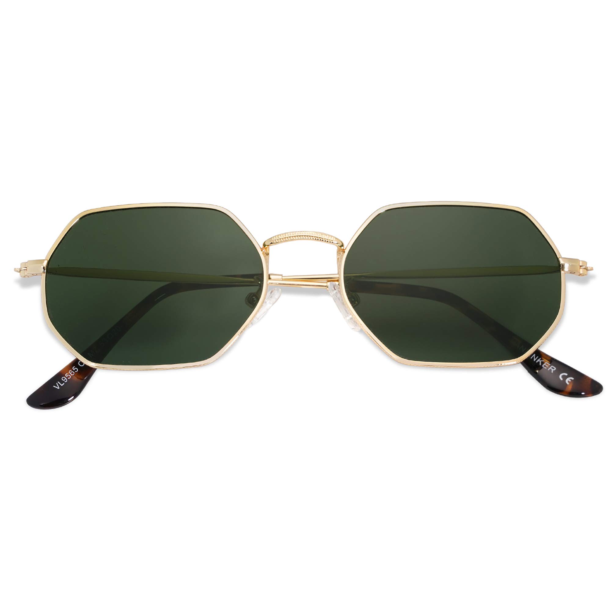 VANLINKER Polarized Hexagon Gold Metal Sunglasses for Women Men Polygon Sunnies Green Lens