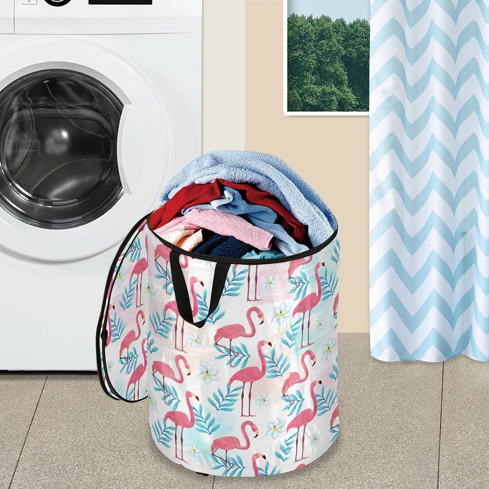 xigua Flamingo Round Laundry Basket with Lid, Waterproof Clothes Toy Storage Basket Nursery Hamper with Handles for Laundry Room, Bathroom, Bedroom, Dorm, Kids Room