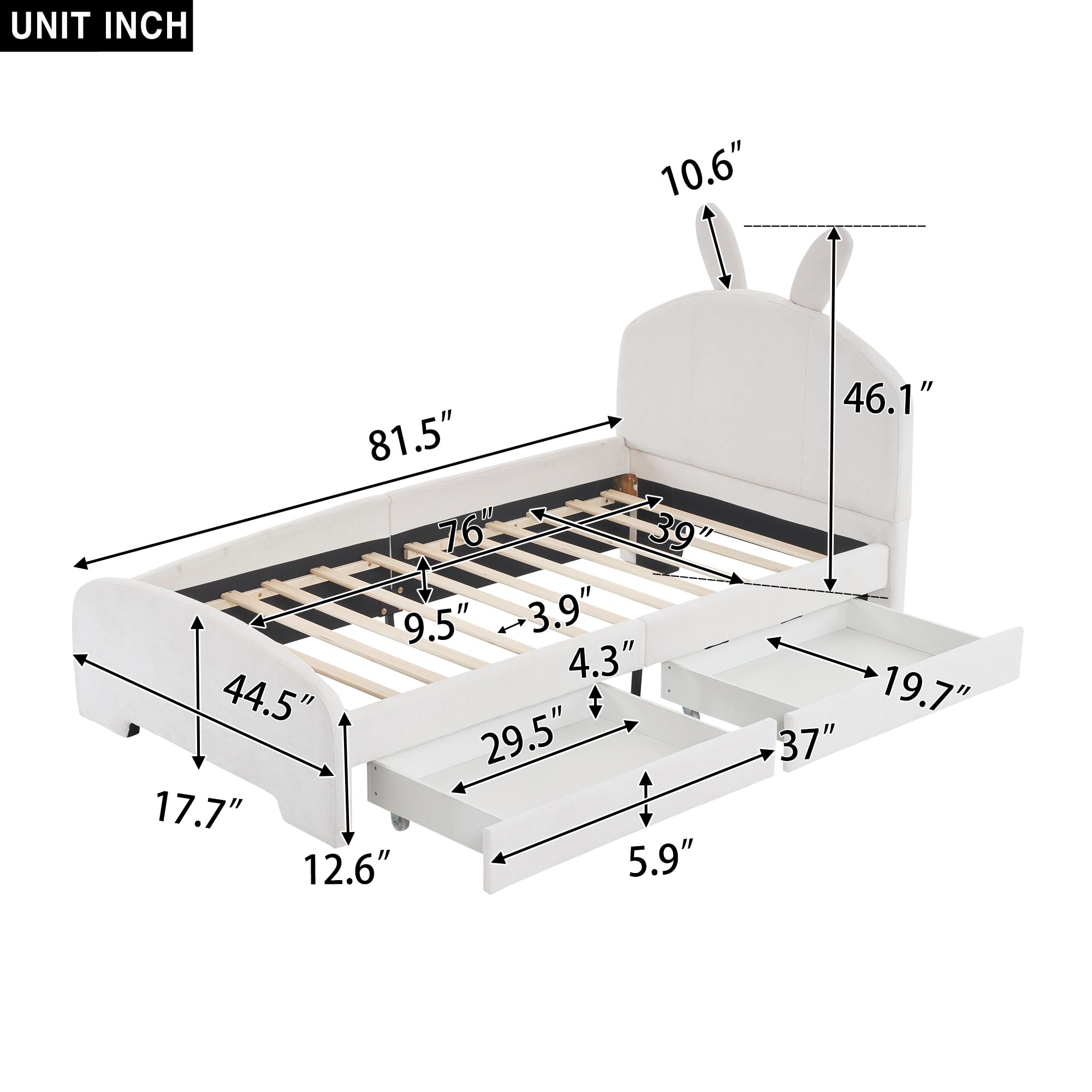 PRNDOLE Twin Size Upholstered Platform Bed Frame with 2 Drawers and Cartoon Ears Shaped Headboard for Kids,White