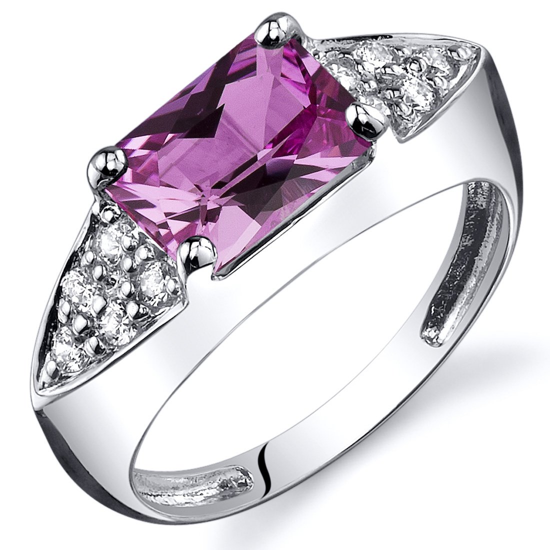 PEORA Created Pink Sapphire Statement Ring in Sterling Silver, Elegant Linear Design, Radiant Cut, 8x6mm, 2 Carats total, Comfort Fit, Size 9