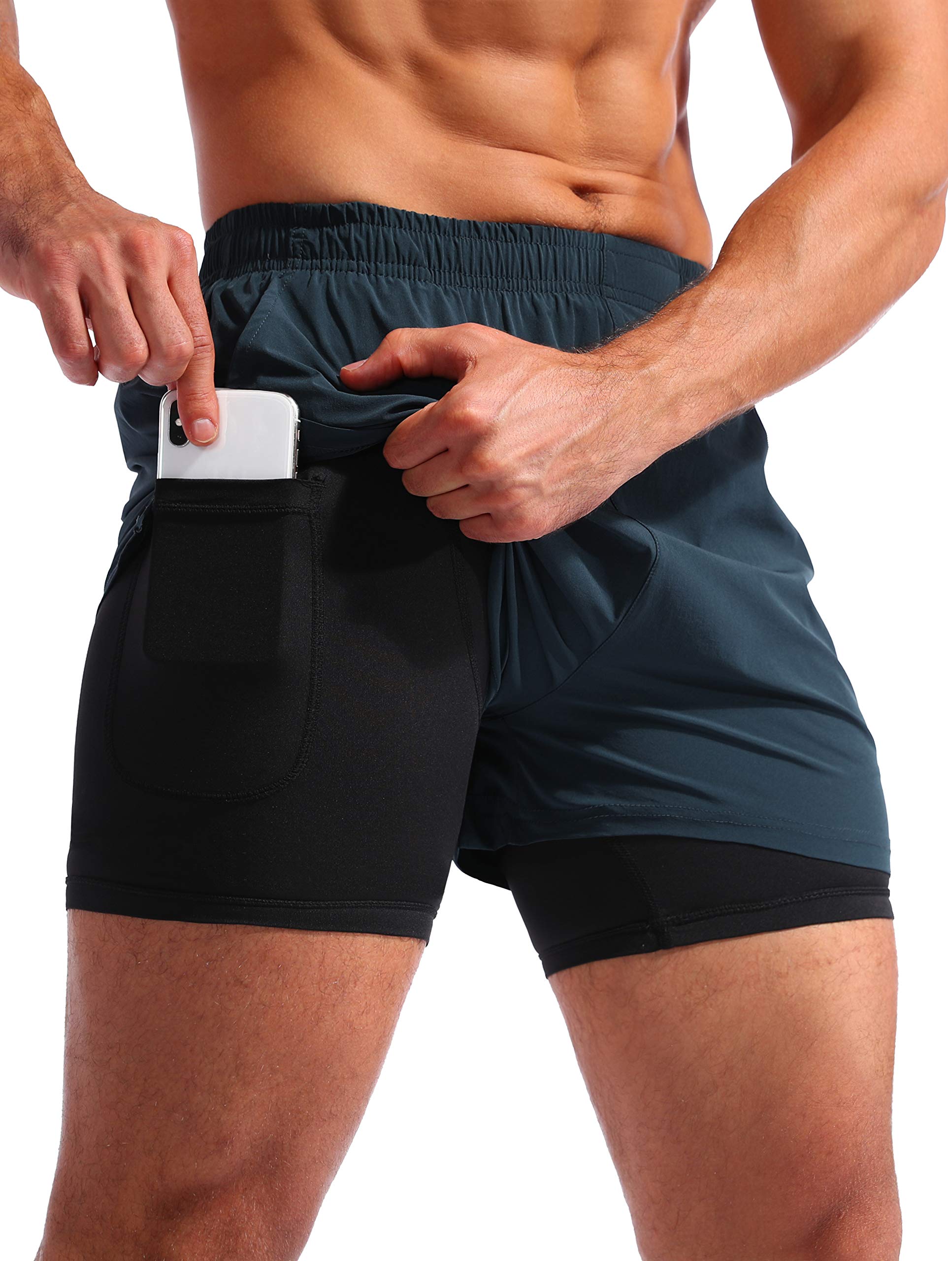 Pudolla Men’s 2 in 1 Running Shorts 5" Quick Dry Gym Athletic Workout Shorts for Men with Phone Pockets(Navy Blue Small)