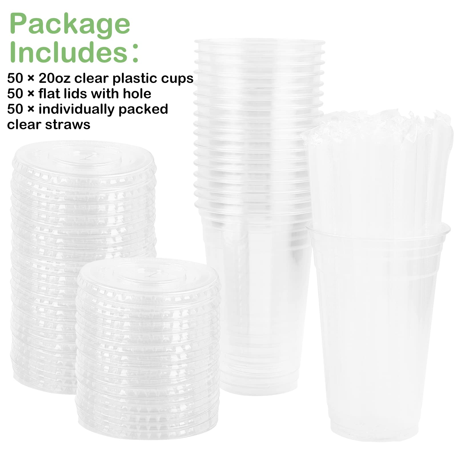 Zezzxu 50 Pack 20oz Clear Plastic Cups with Hole Flat Lids and Straws, Crystal Clear PET Disposable Party Cups for Cold Drinks, Iced Coffee, Juice, Smoothie, Milkshake