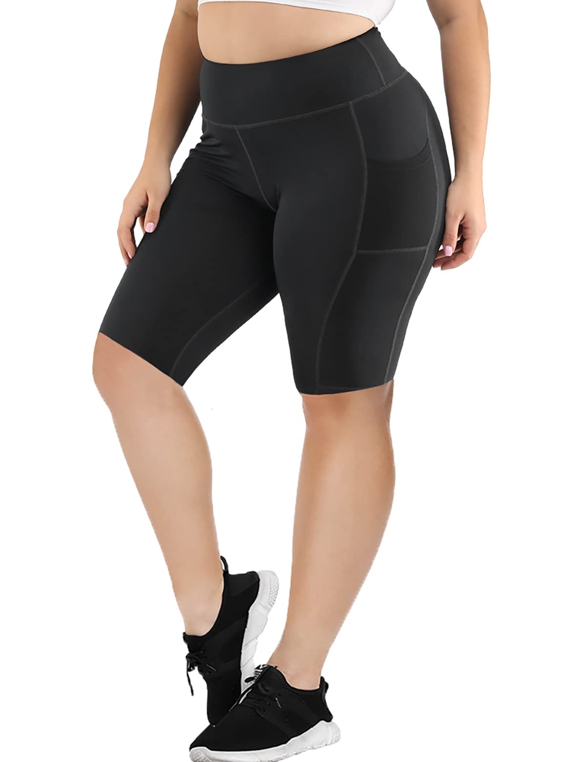 Uoohal Women's Yoga Shorts Plus Size High Waist Workout Biker Active Shorts Tummy Control Side Pockets Black 3XL